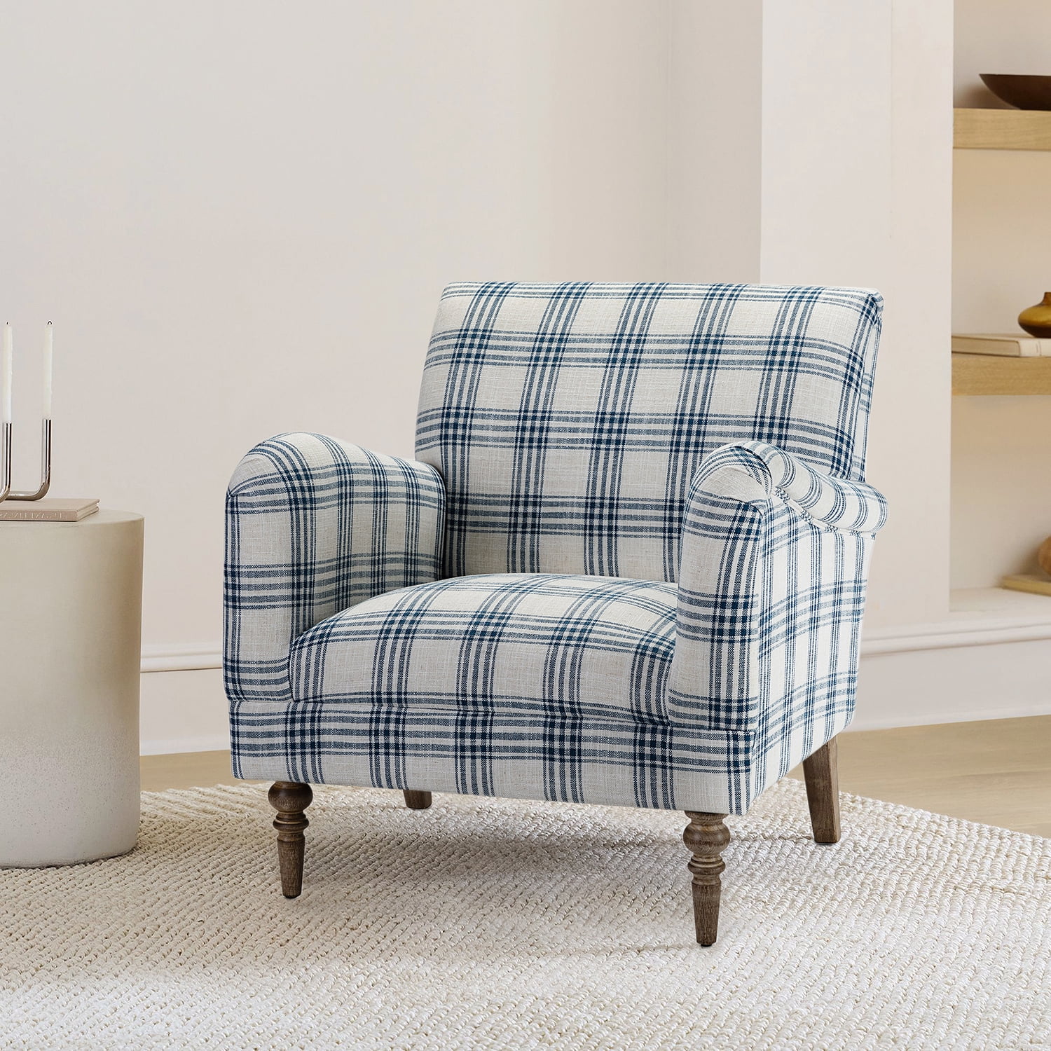 Plaid Accent Chair Wooden Legs Upholstered Armchair Sofa Bedroom Home ...