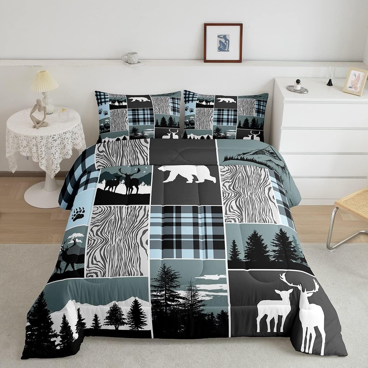 Plaid Bear Cabin Comforter Set, Rustic Farmhouse Camper Bedding Set ...