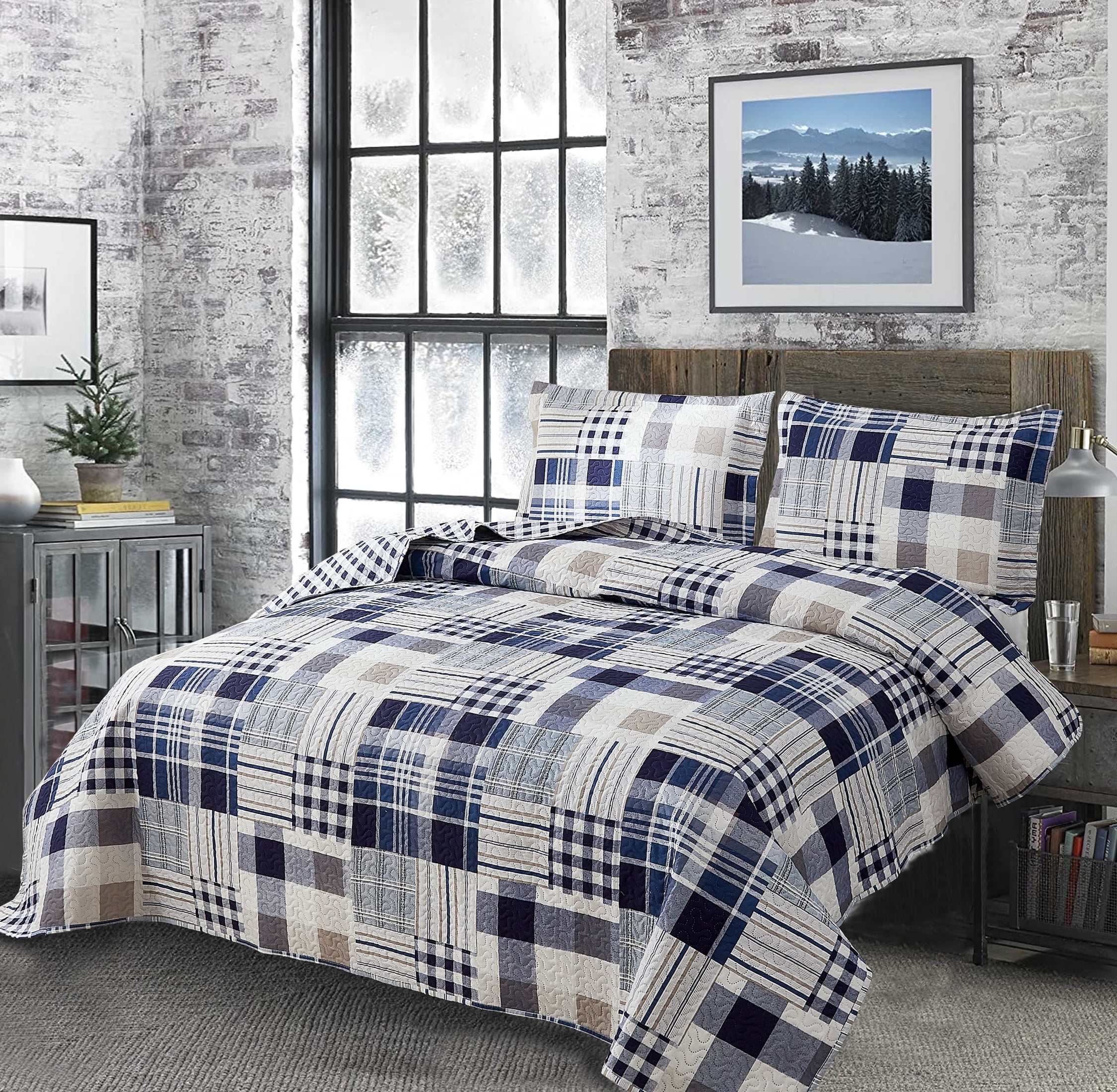 Plaid Bedspread Coverlet 3 Piece Twin Size Quilt Set Reversible Quilt ...