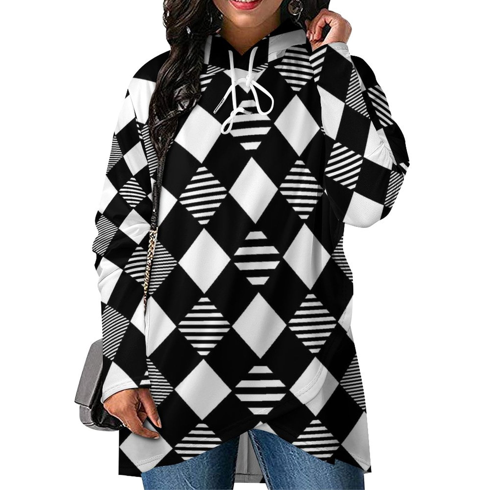 Plaid Black White Hoodies for Women Sweatshirt S Long Sleeve Pullover ...