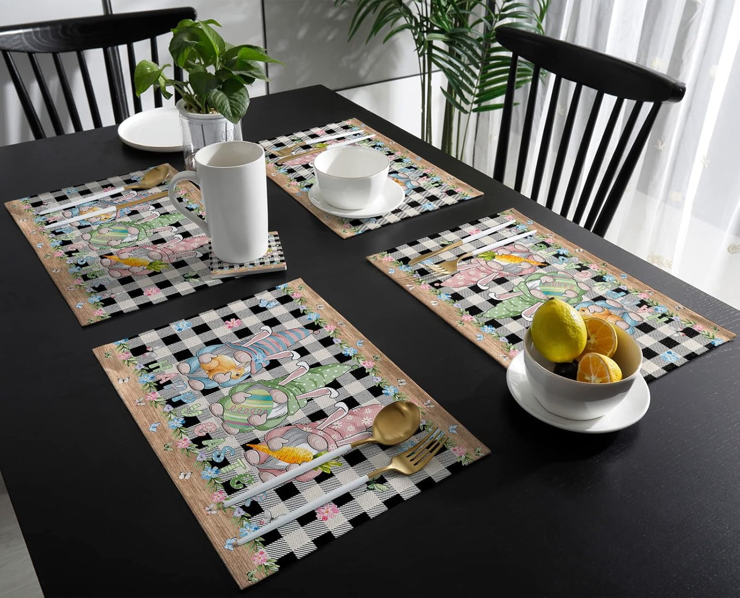 Plaid Black White Placemats Set of 6 - Washable Woven Burlap Cloth ...