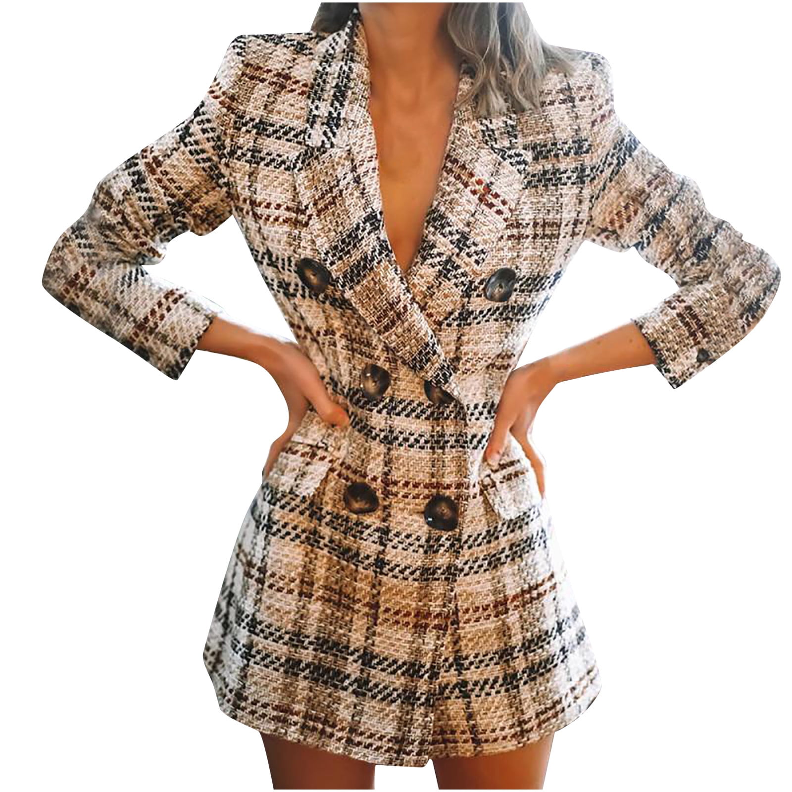 Plaid Blazer Dress for Women Double Breasted Check Blazers Notched Suit Coats and Jackets Long ...