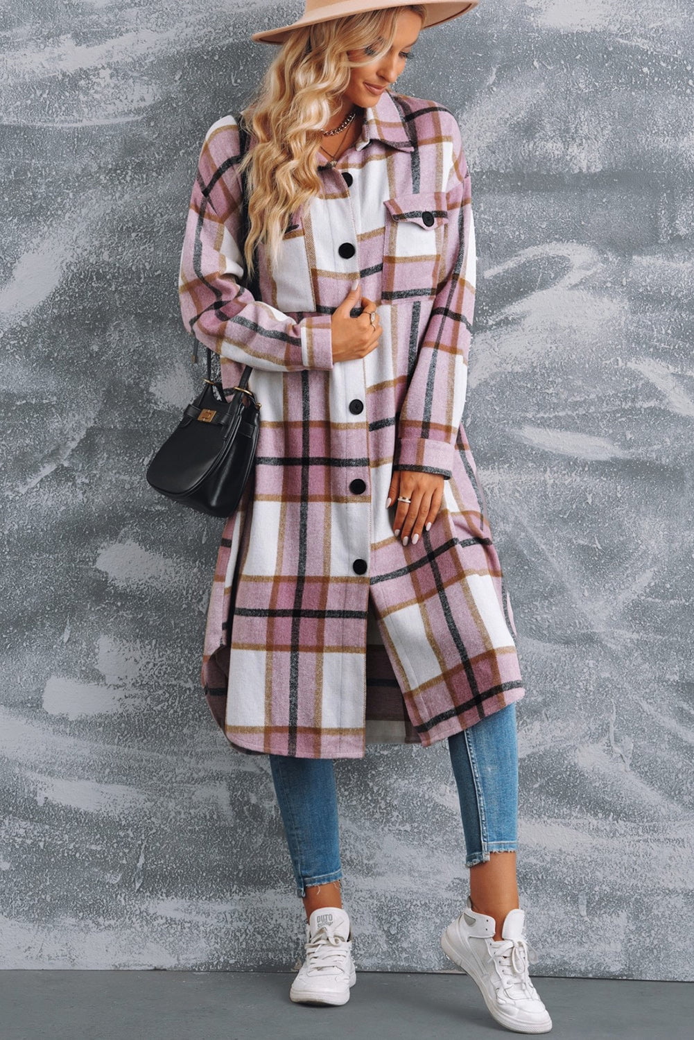 Plaid Button Front Side Slit Duster Coat - Walmart.com