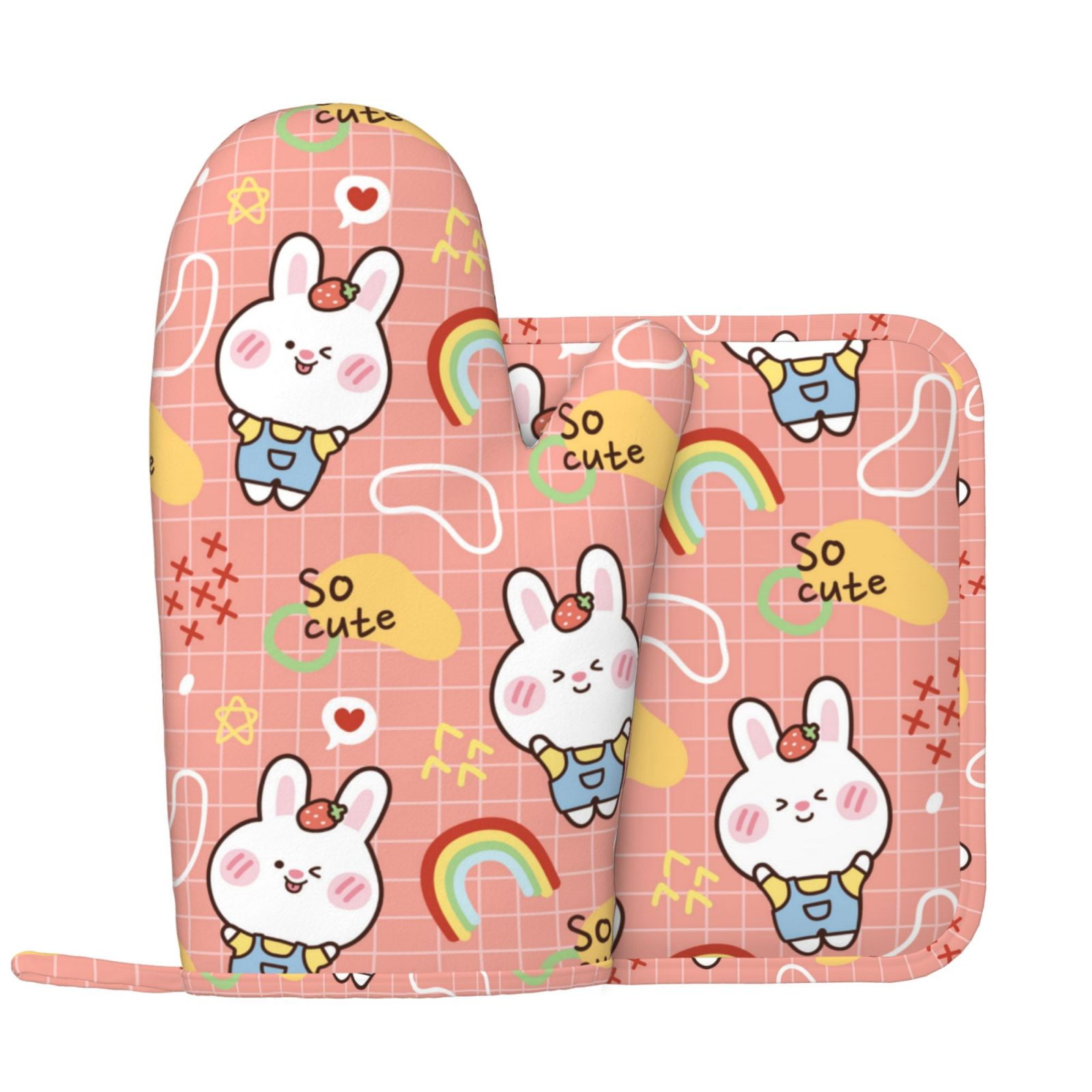Plaid Cartoon Cute Rabbit Painting Oven Mitts and Pot Holders Sets with ...