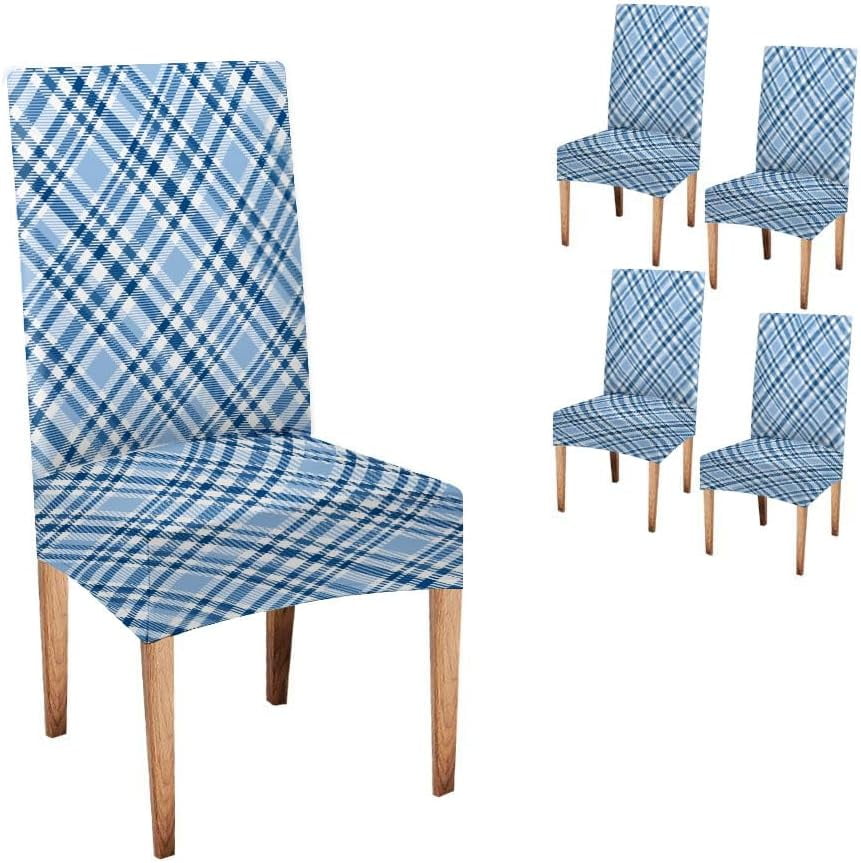 Plaid Check Light Blue Navy and White Dining Chair Covers Set of 4 ...