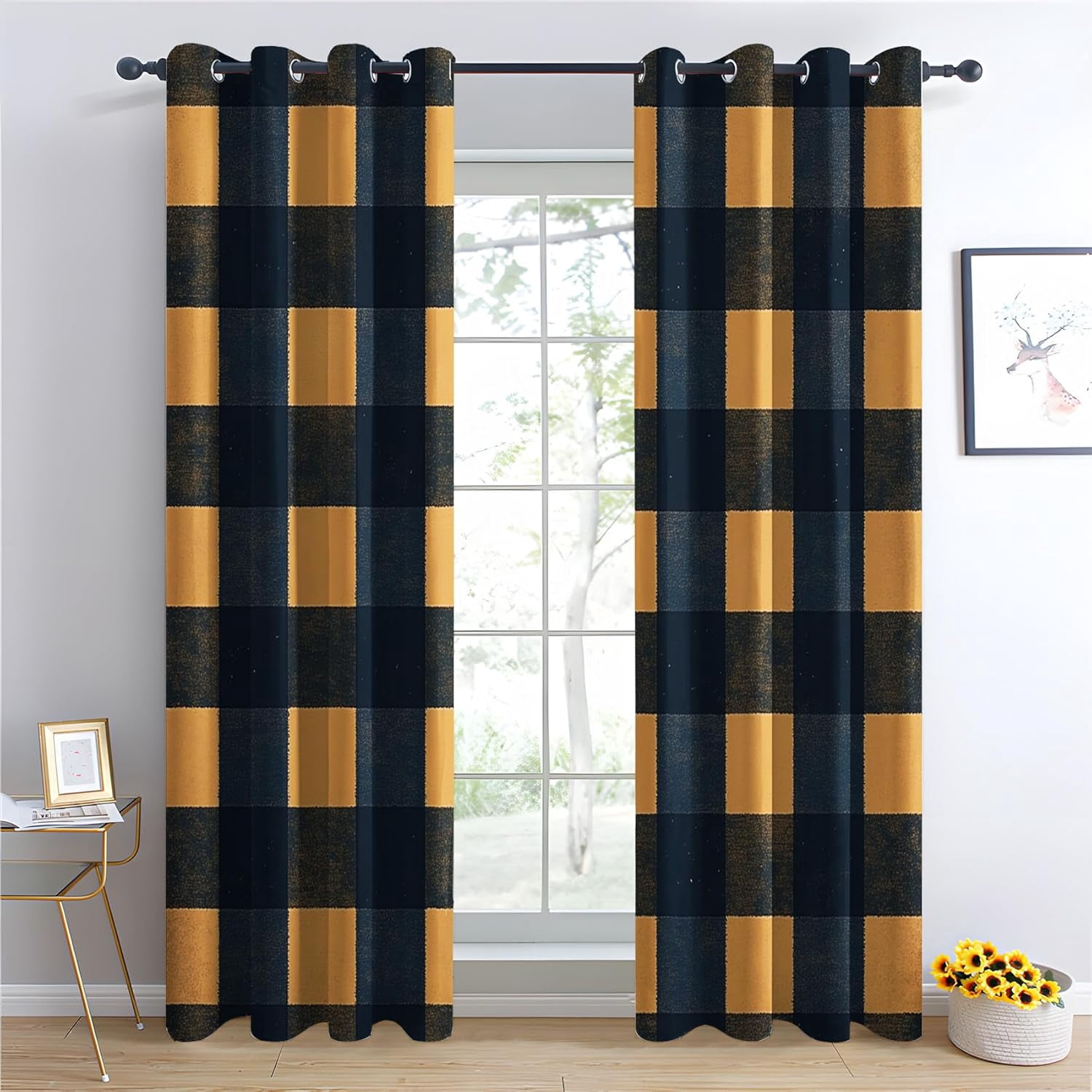 Plaid Check Window Curtains, Orange Black Blue Blackout Curtains ...
