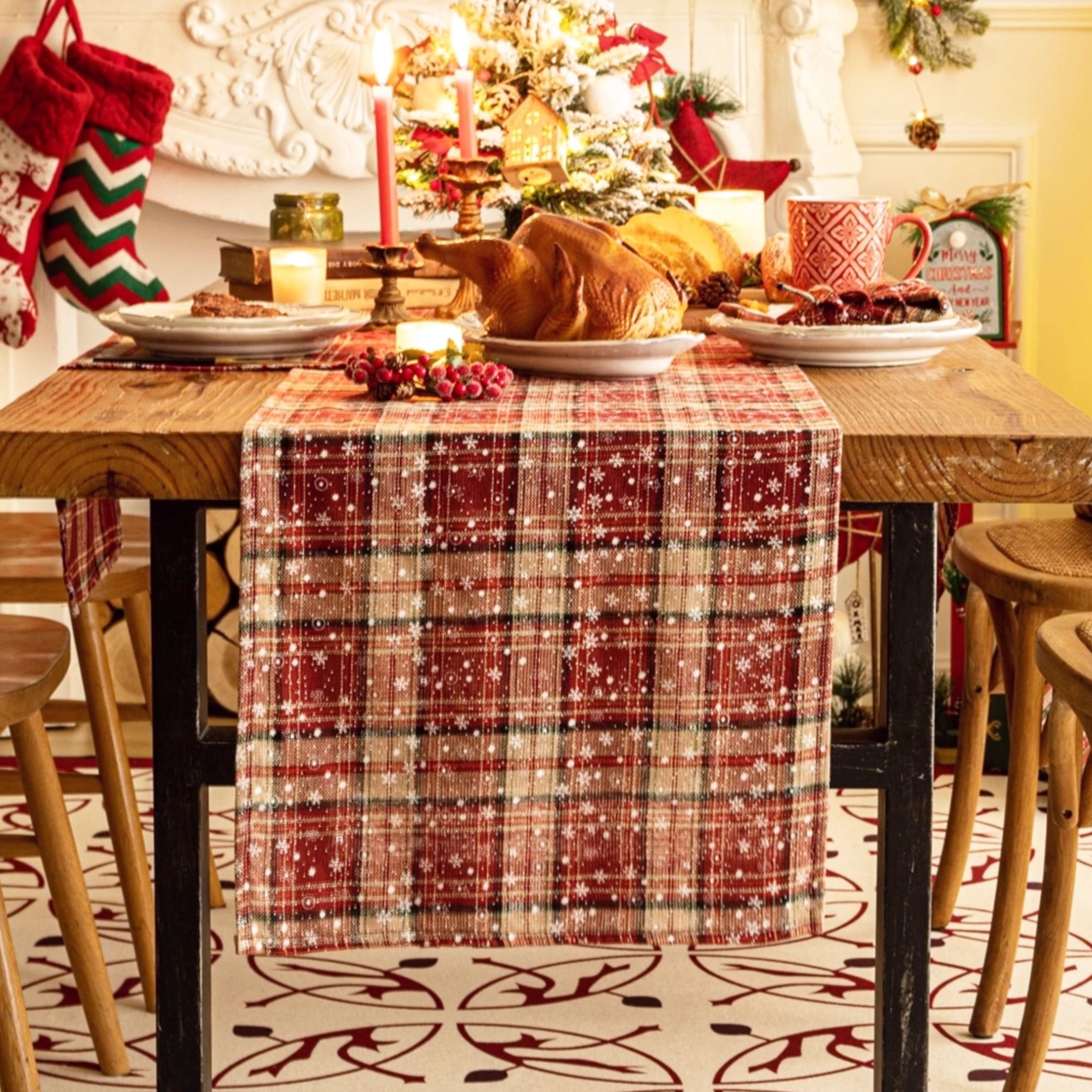 Plaid Christmas Table Runner, Winter Holiday Snowflake Table Runners ...