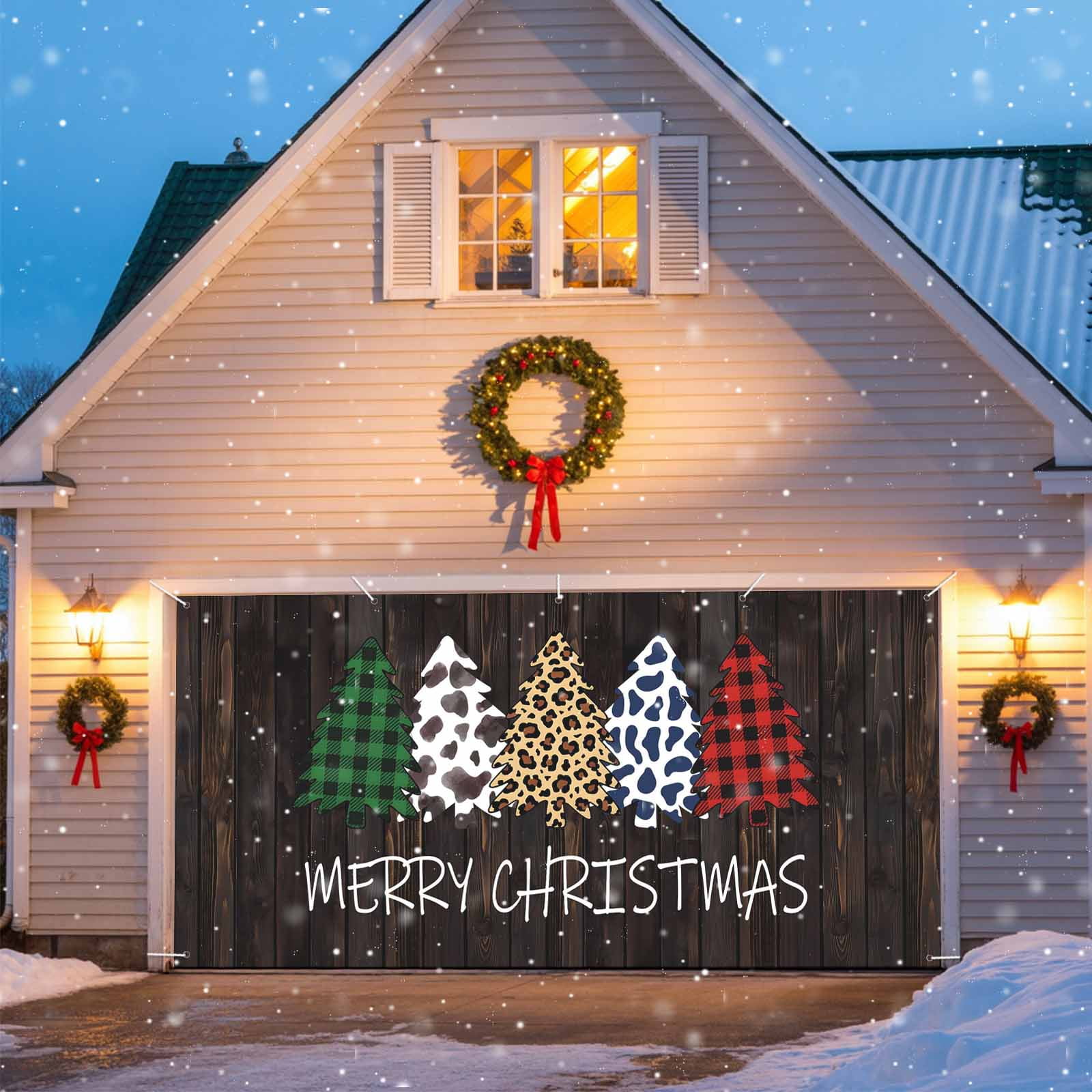 Plaid Christmas Tree Garage Door Banner Covers, Cow Leopard Check Xmas ...