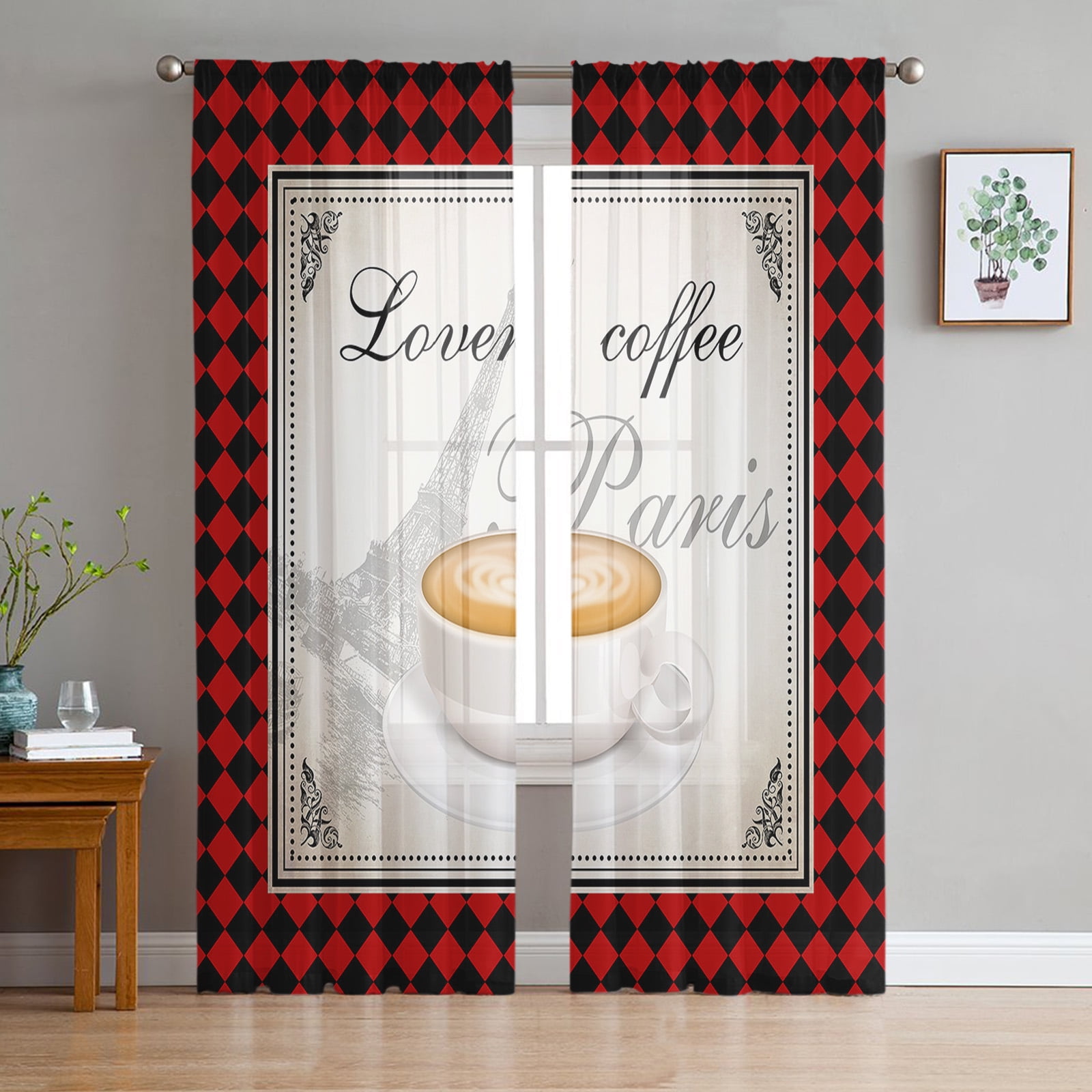 Plaid Coffee Eiffel Tower Love Tulle Curtains for Living Room Bedroom ...