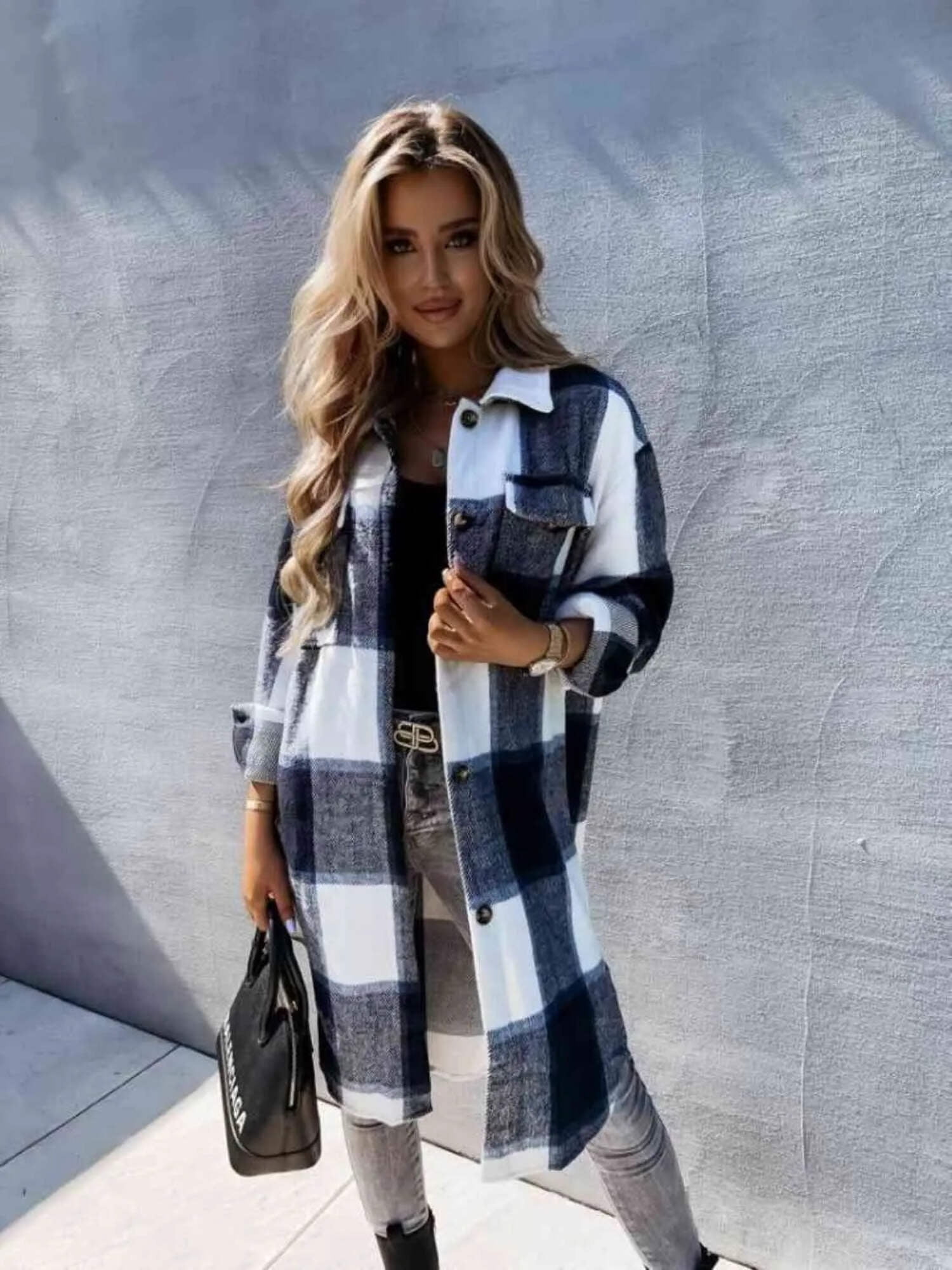 Plaid Collared Neck Longline Shirt - BazaarBey - Walmart.com