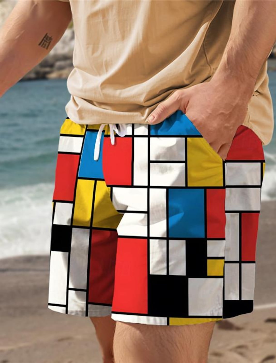 Plaid Color Block Men's Resort 3D Printed Board Shorts Pocket ...