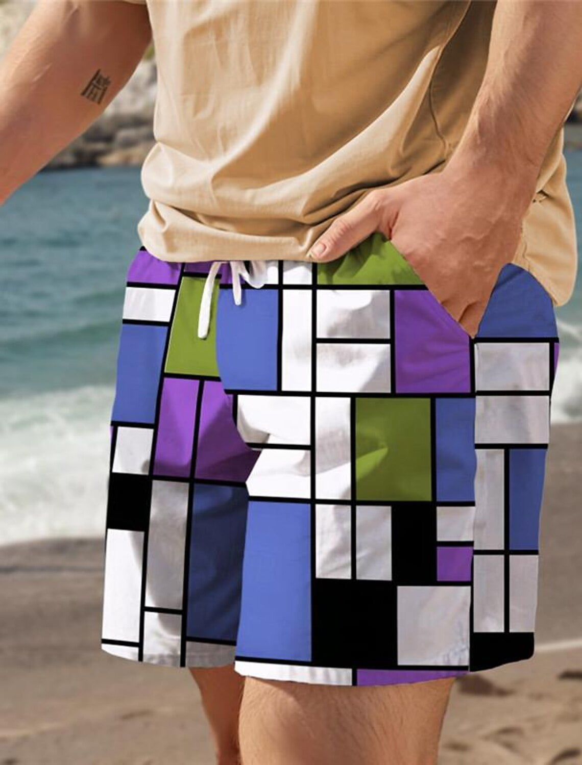 Plaid Color Block Men's Resort 3D Printed Board Shorts Pocket ...