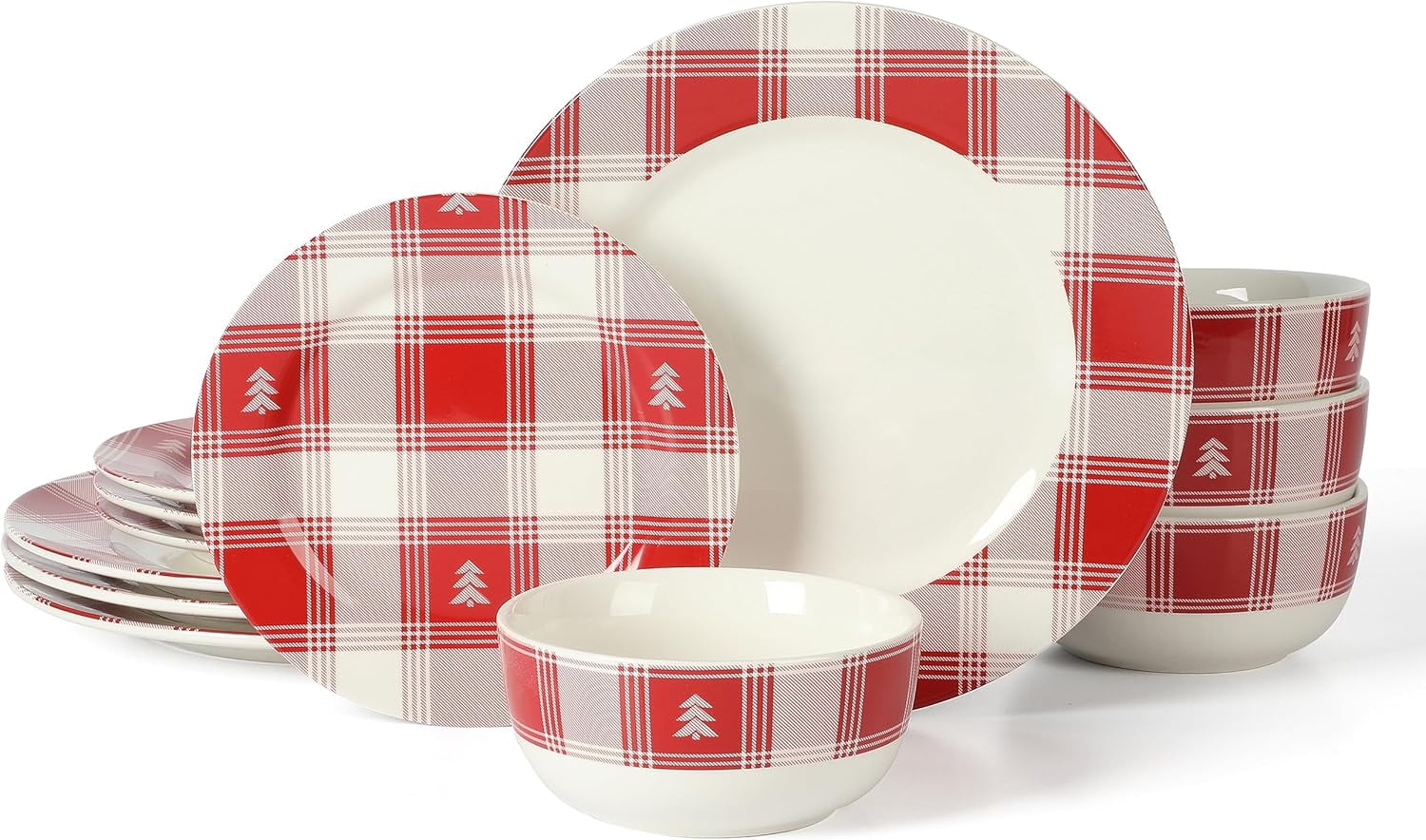 Plaid Decorated Red and White Stoneware Dinnerware Set, Service for 4 ...