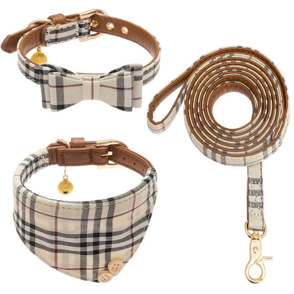 Plaid Dog Collar and Leash Set with Cute Bow Tie, Bandana, and Bell ...