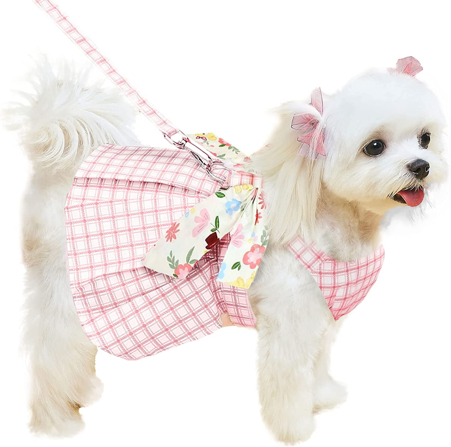 Plaid Dog Dress Bow Decor Harness Leash Set Cat Puppy Dresses with ...