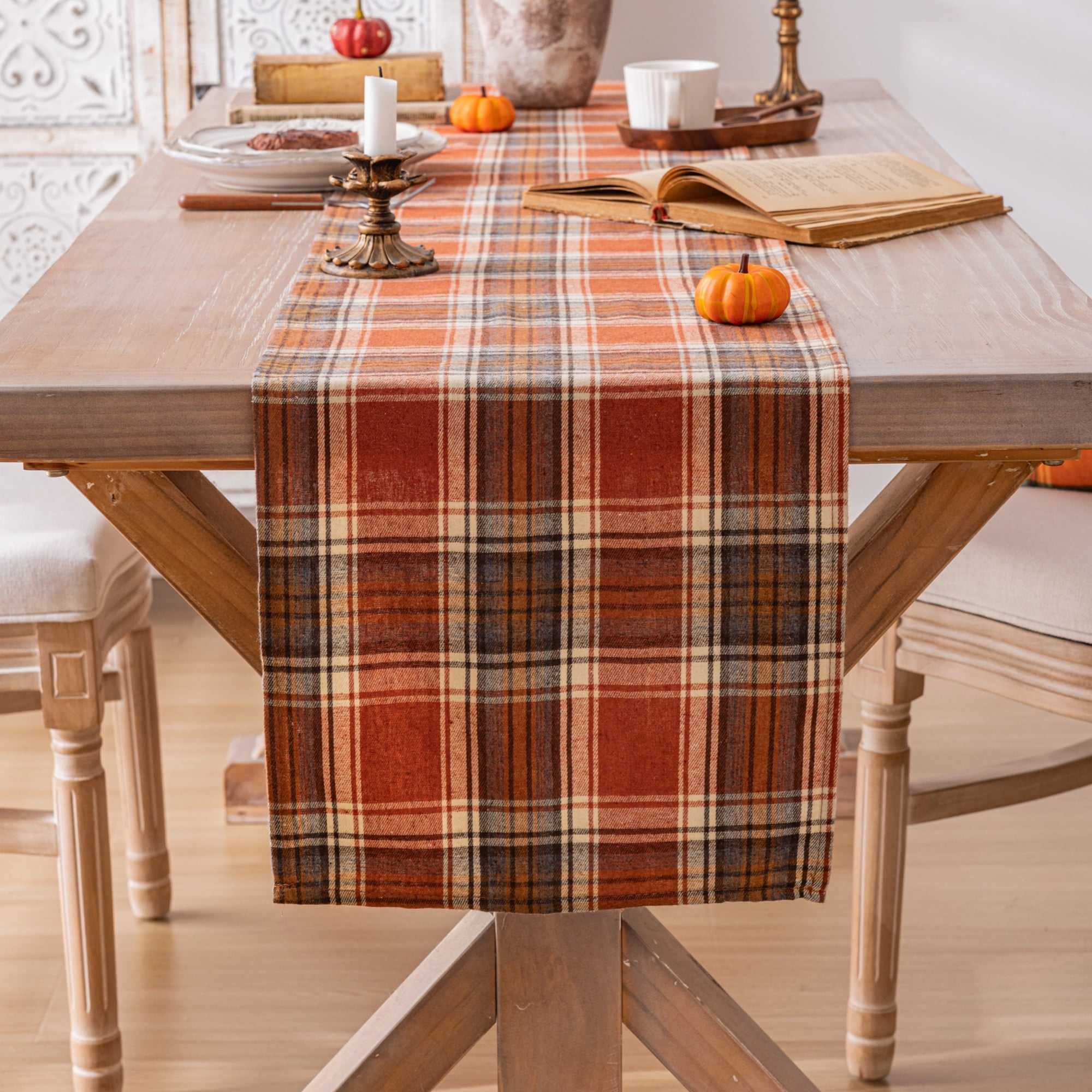 Plaid Fall Thanksgiving Table Runner, Autumn Holiday Rust Orange Table ...