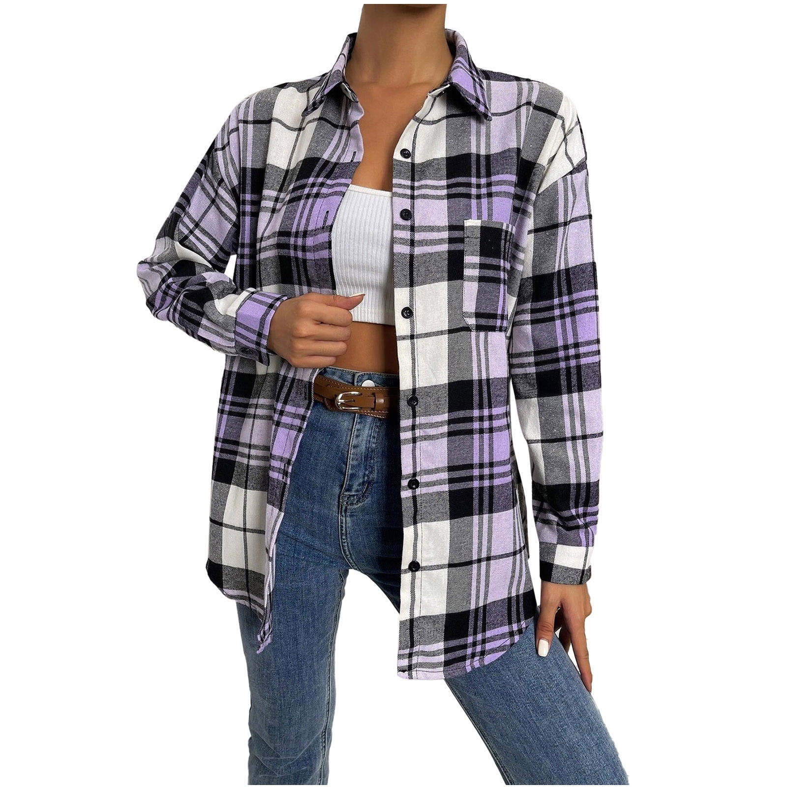 Plaid Flannel Shirt Jackets for Women Classic Button Down Long Sleeve ...