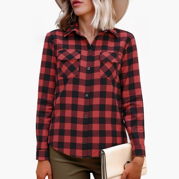 Plaid Flannel Shirts for Women Loose Fitting Cotton Button Shirt Long ...
