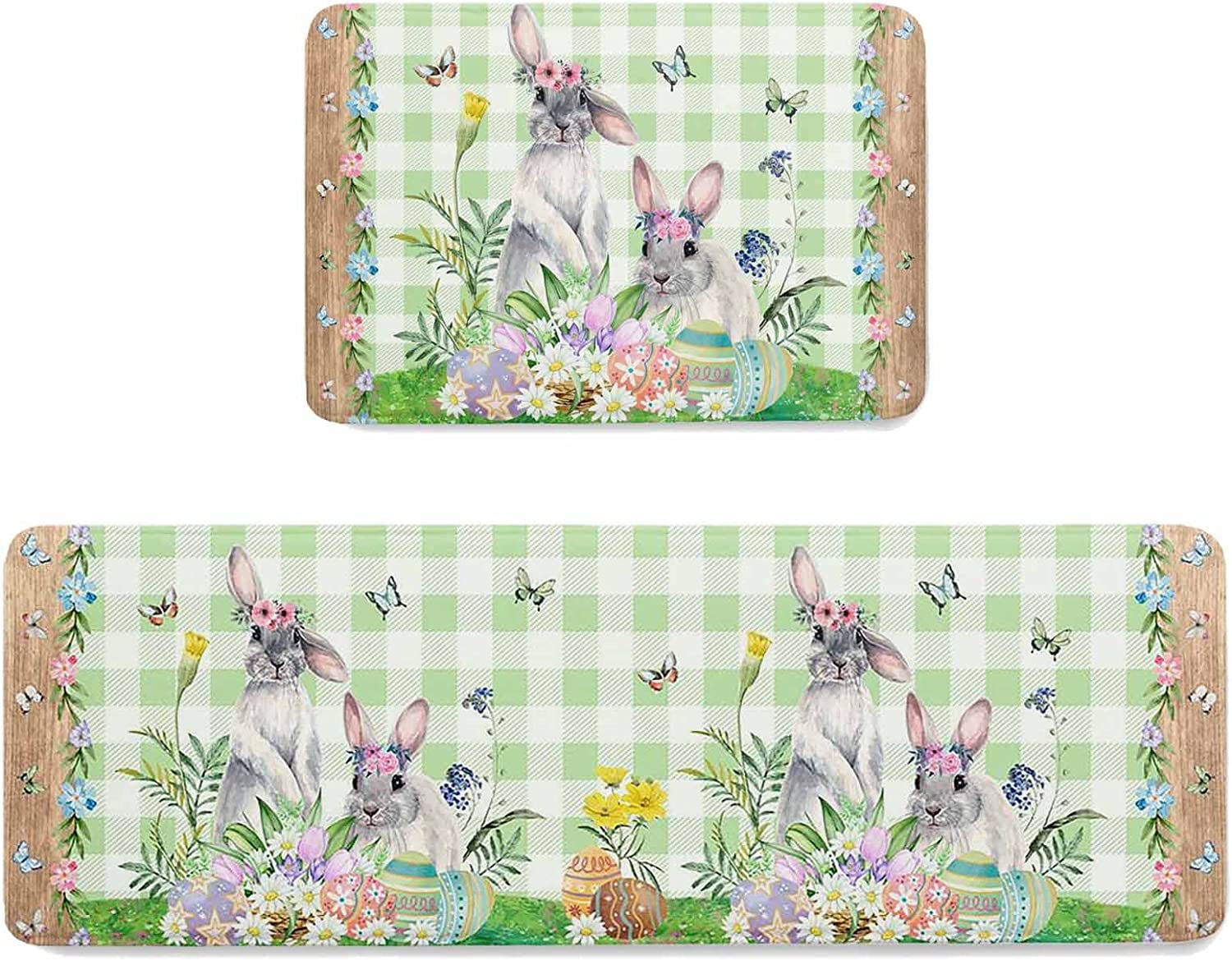 Plaid Green 2 PCS Cushioned Anti-Fatigue Kitchen Mats and Rugs,Spring ...