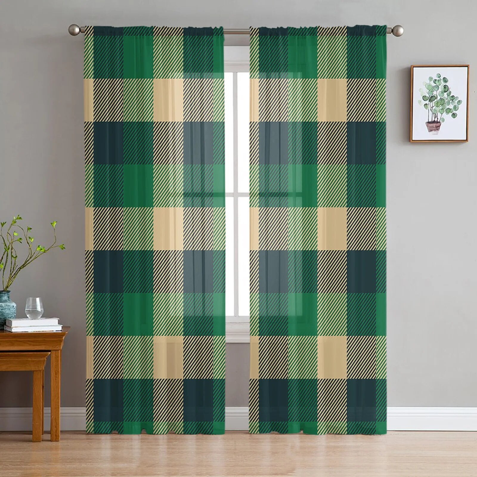 Plaid Green Texture Sheer Curtains for Living Room The Bedroom Voile ...
