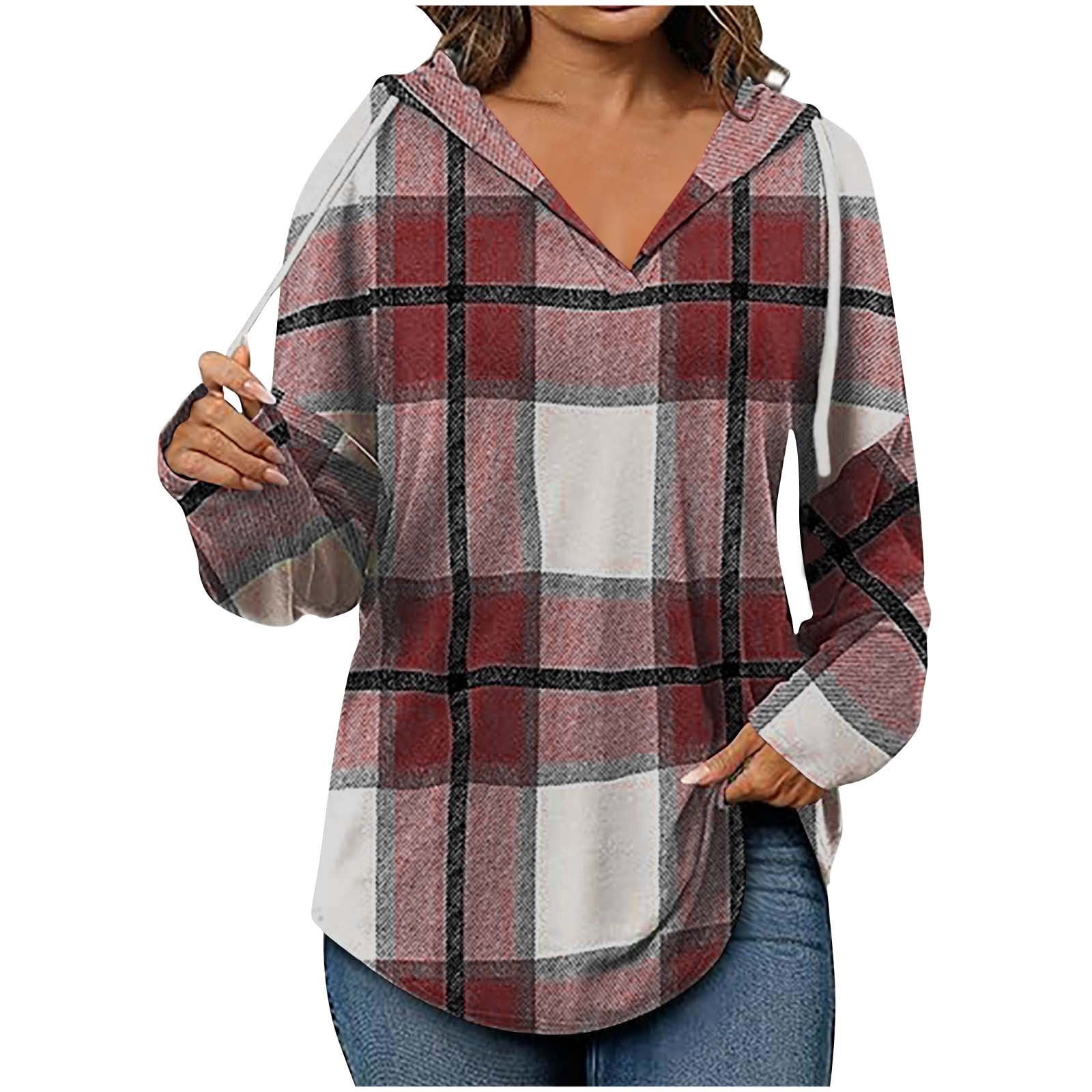 Plaid Hoodie Shirts for Women V-Neck Pullover Sweatshirt Winter Warm ...