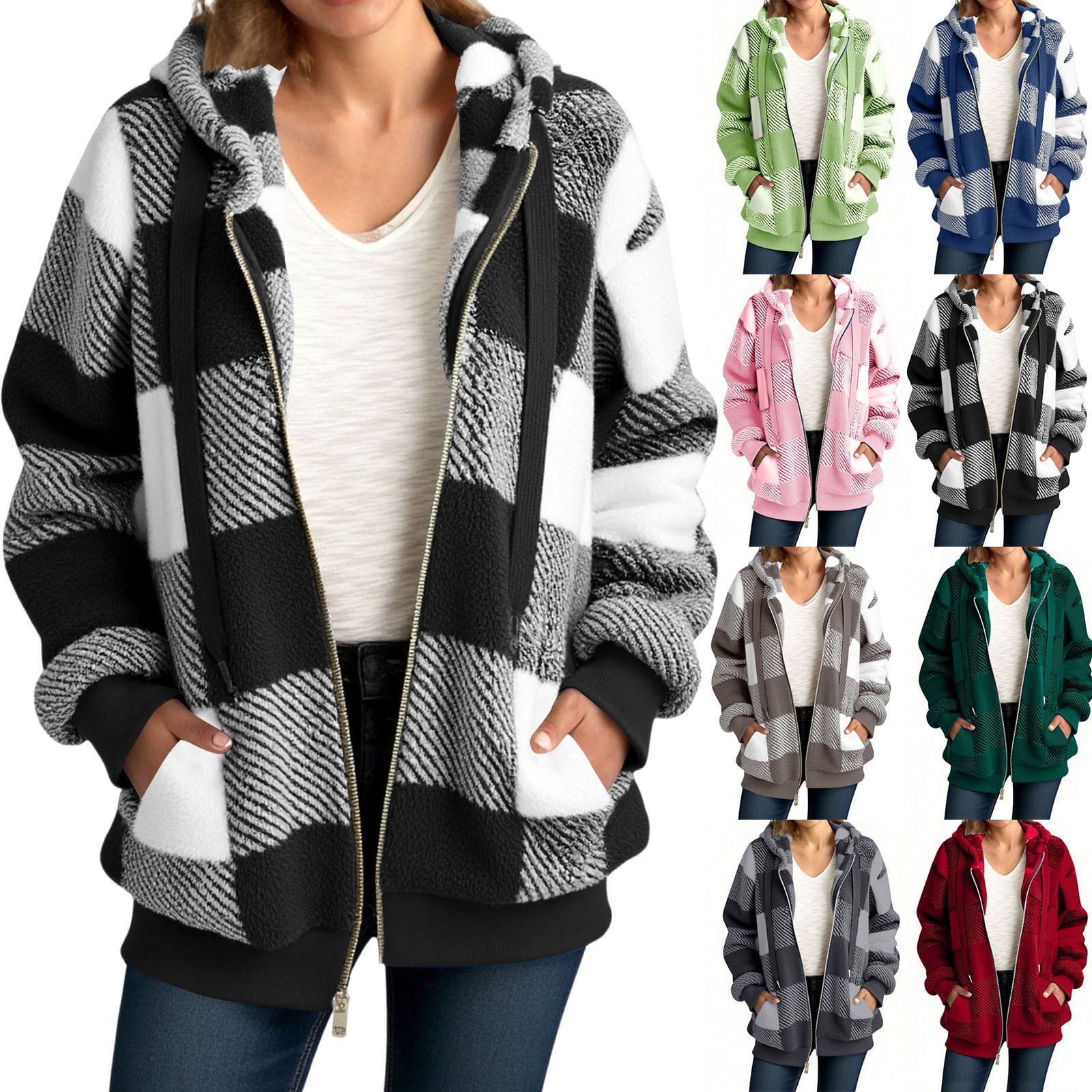 Plaid Jacket Plaid Jacket Winter Zipper Front Pockets Lined Hooded Coat ...