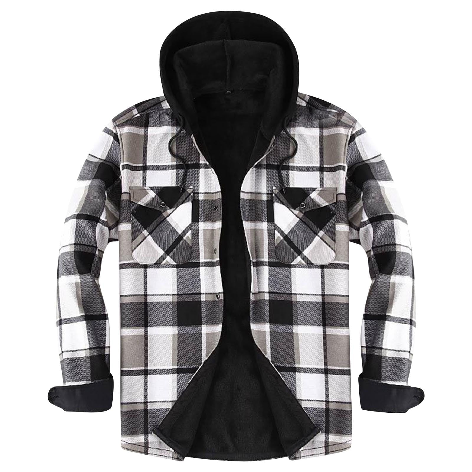 Plaid Jackets For Men Fleece Hoodie Button Up Plus Size Winter Sherpa ...