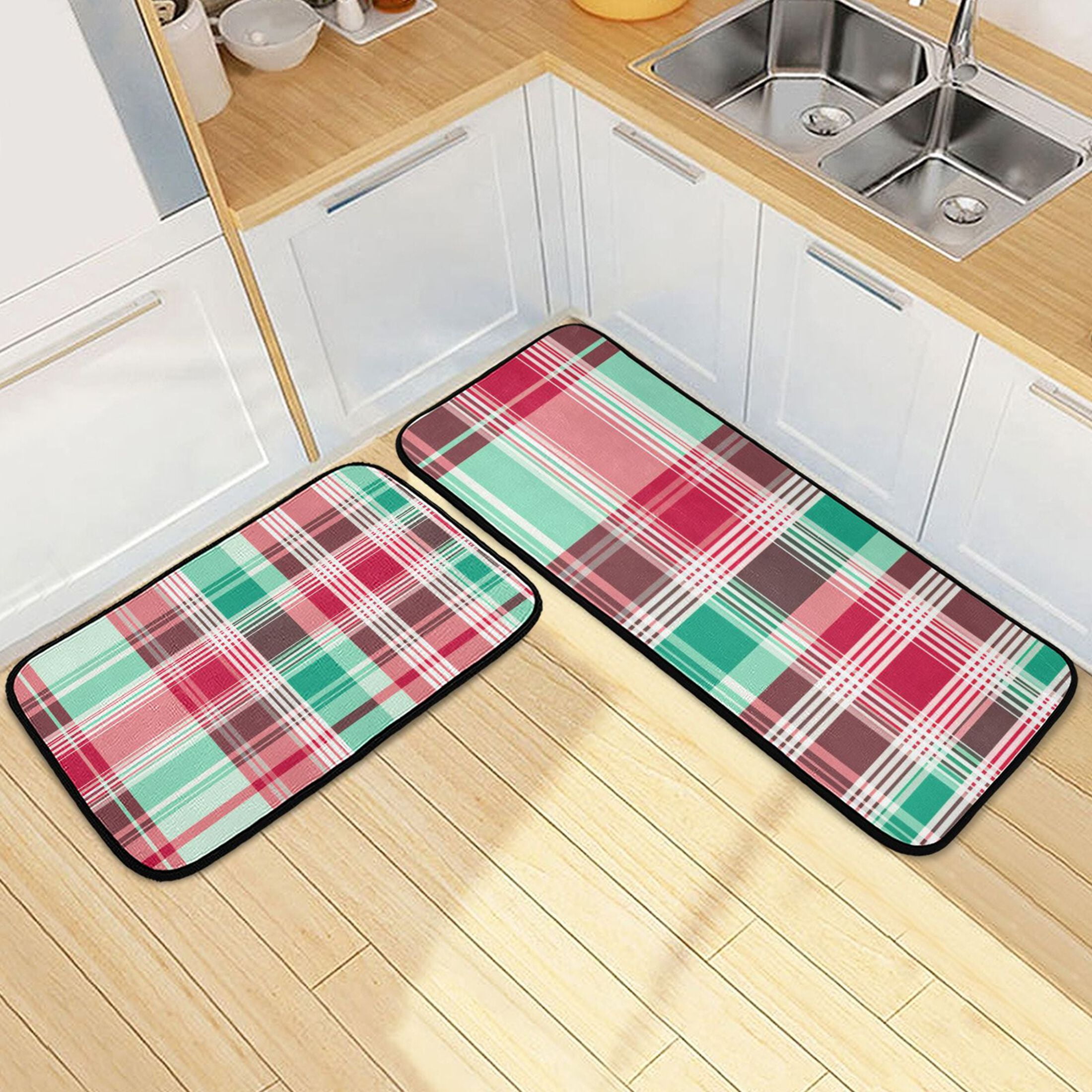 Plaid Lattice Red Kitchen Rugs Set of 2 Non Slip Floor Foam Mat ...
