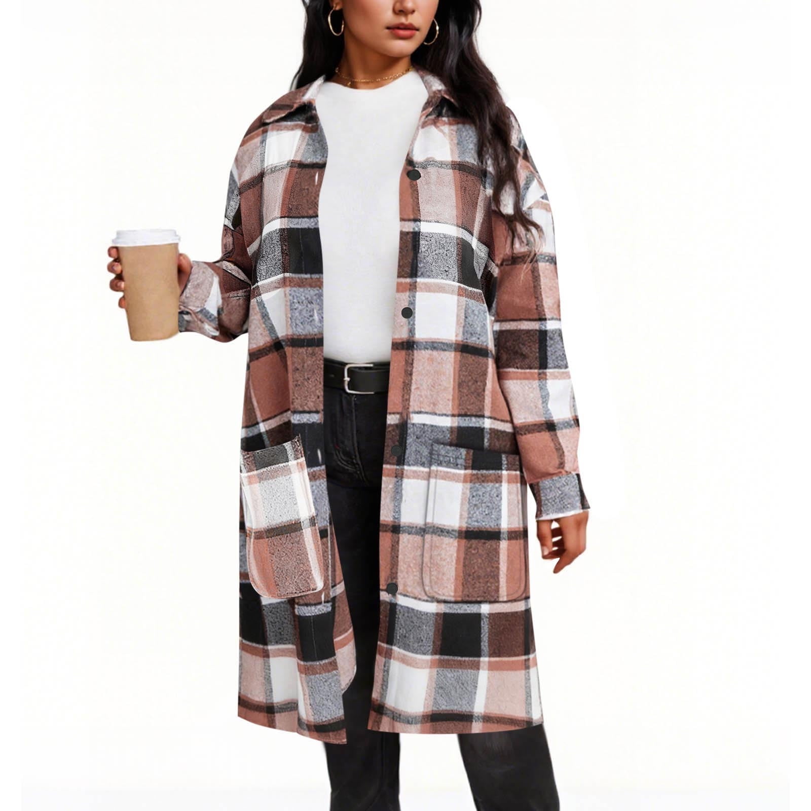 Plaid Long Jackets Womens Fall Button Up Lapel Flannel Shirt Shackets ...