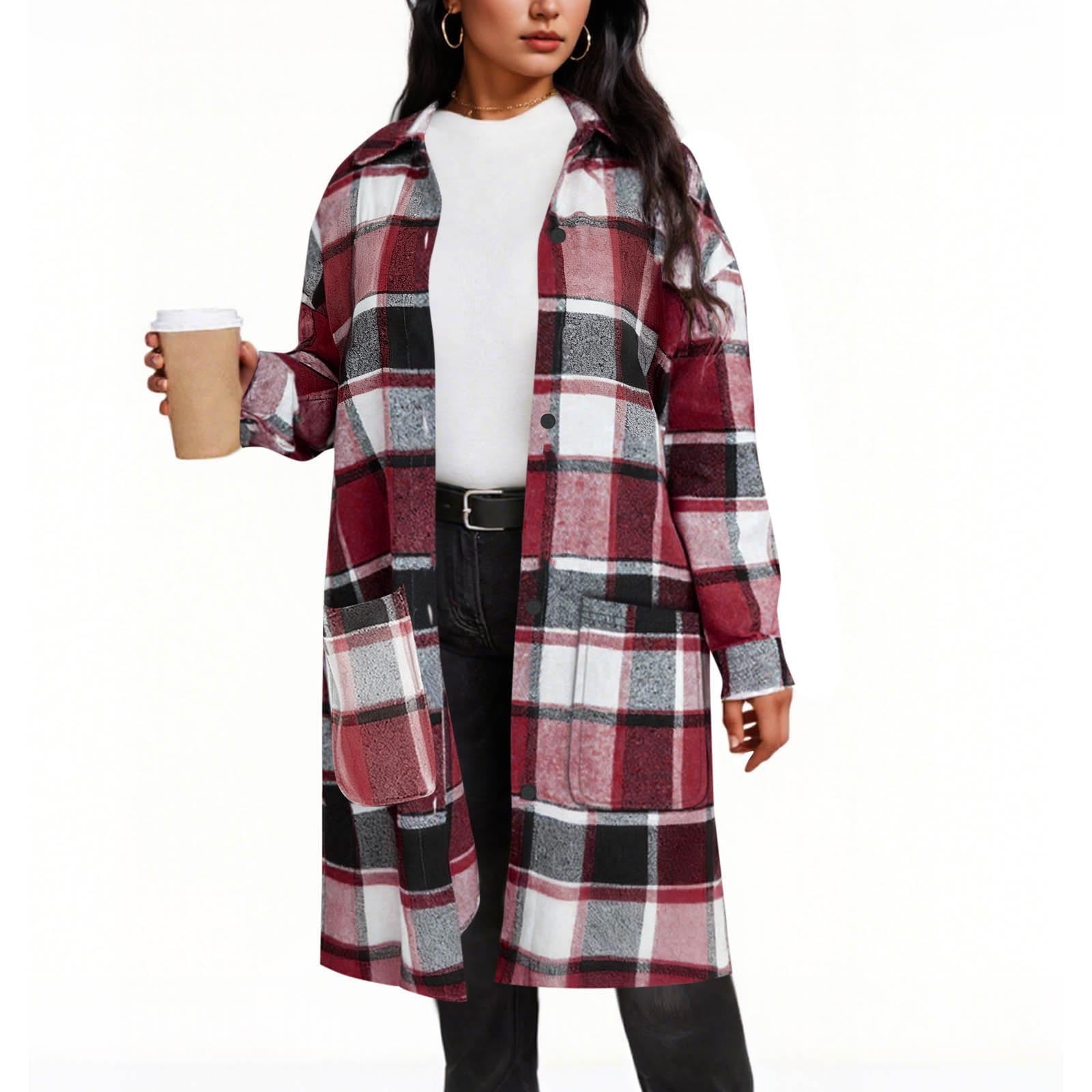 Plaid Long Jackets Womens Fall Button Up Lapel Flannel Shirt Shackets ...