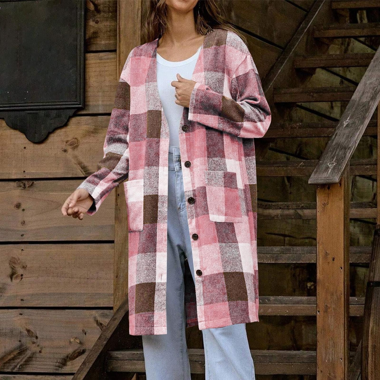 Plaid Long Trench Coat for Women Oversized Button Hooded Jacket Casual ...