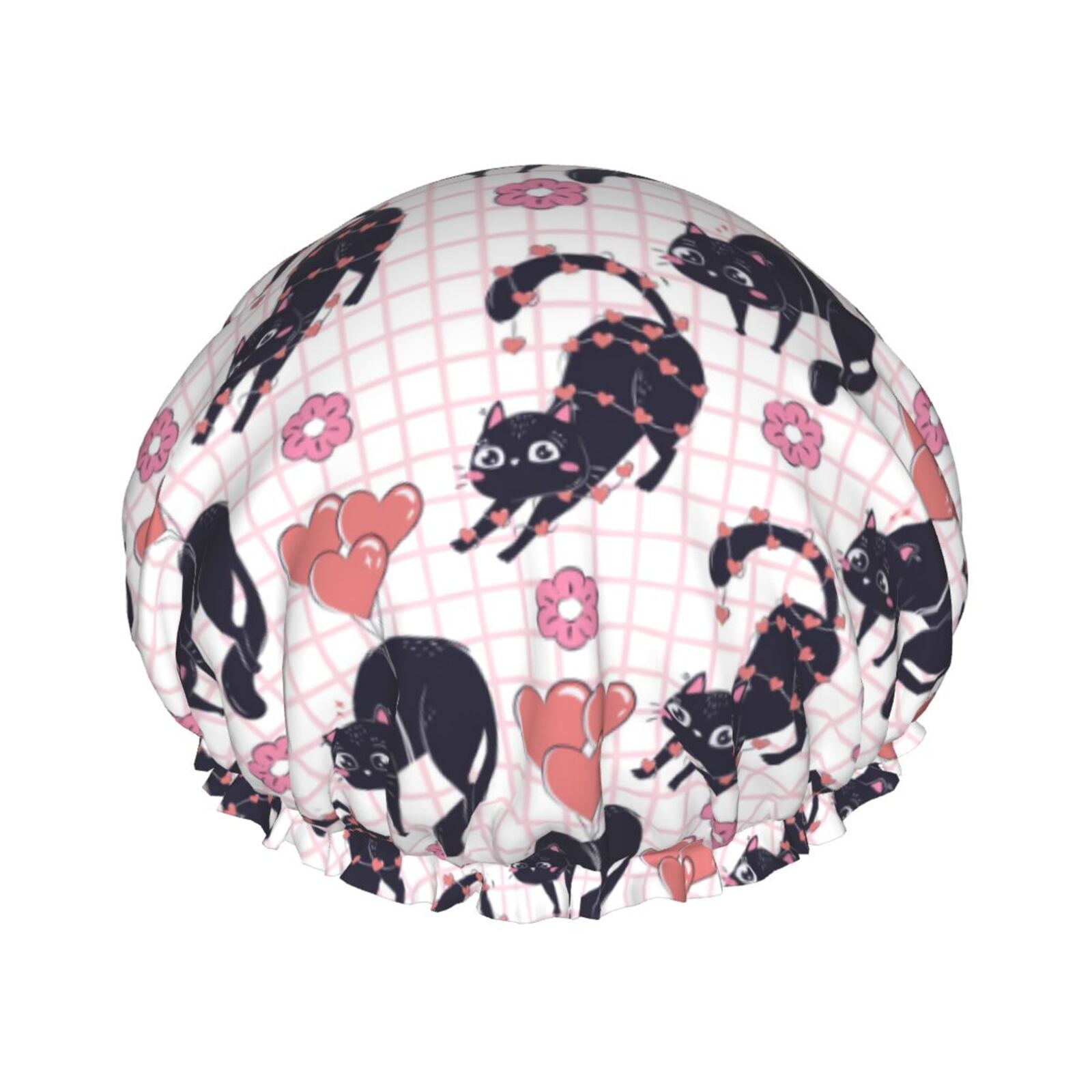 Plaid Love Balloon Cute Cat Shower Cap, Reusable Bath Hair Hat for all ...