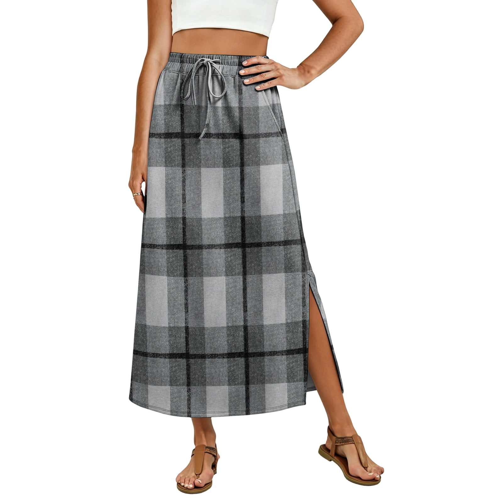 Plaid Maxi Skirt, Elastic High Waist Checkered Long Skirt with Pockets ...