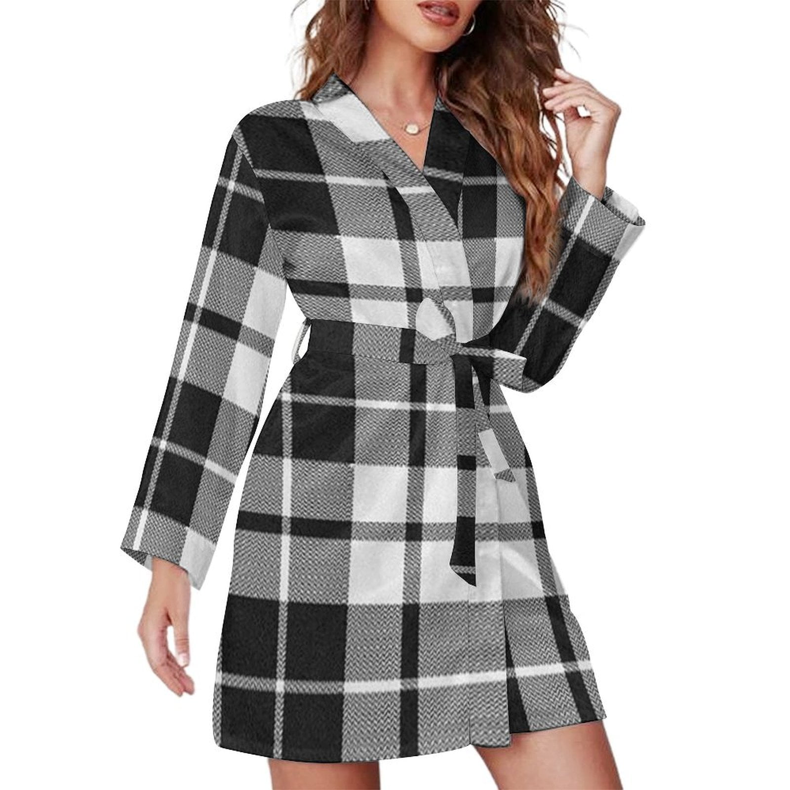 Plaid Pattern Black And White Plaid Night Robe Long Sleeve V Neck Robe ...