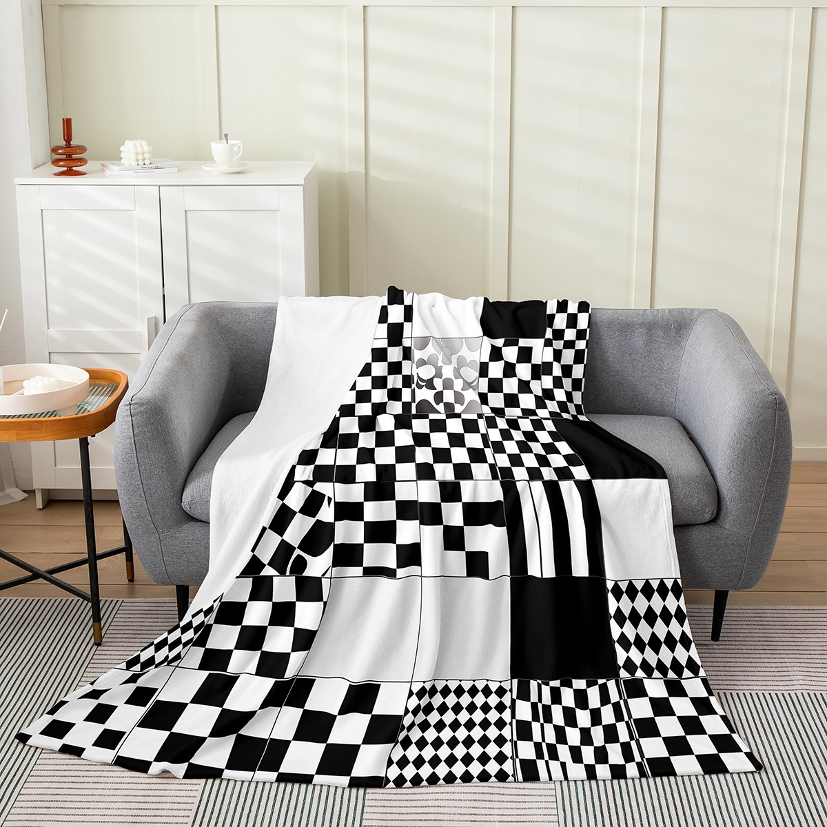 Plaid Pattern Blanket White Black Grid Fleece Blanket Geometry Square ...