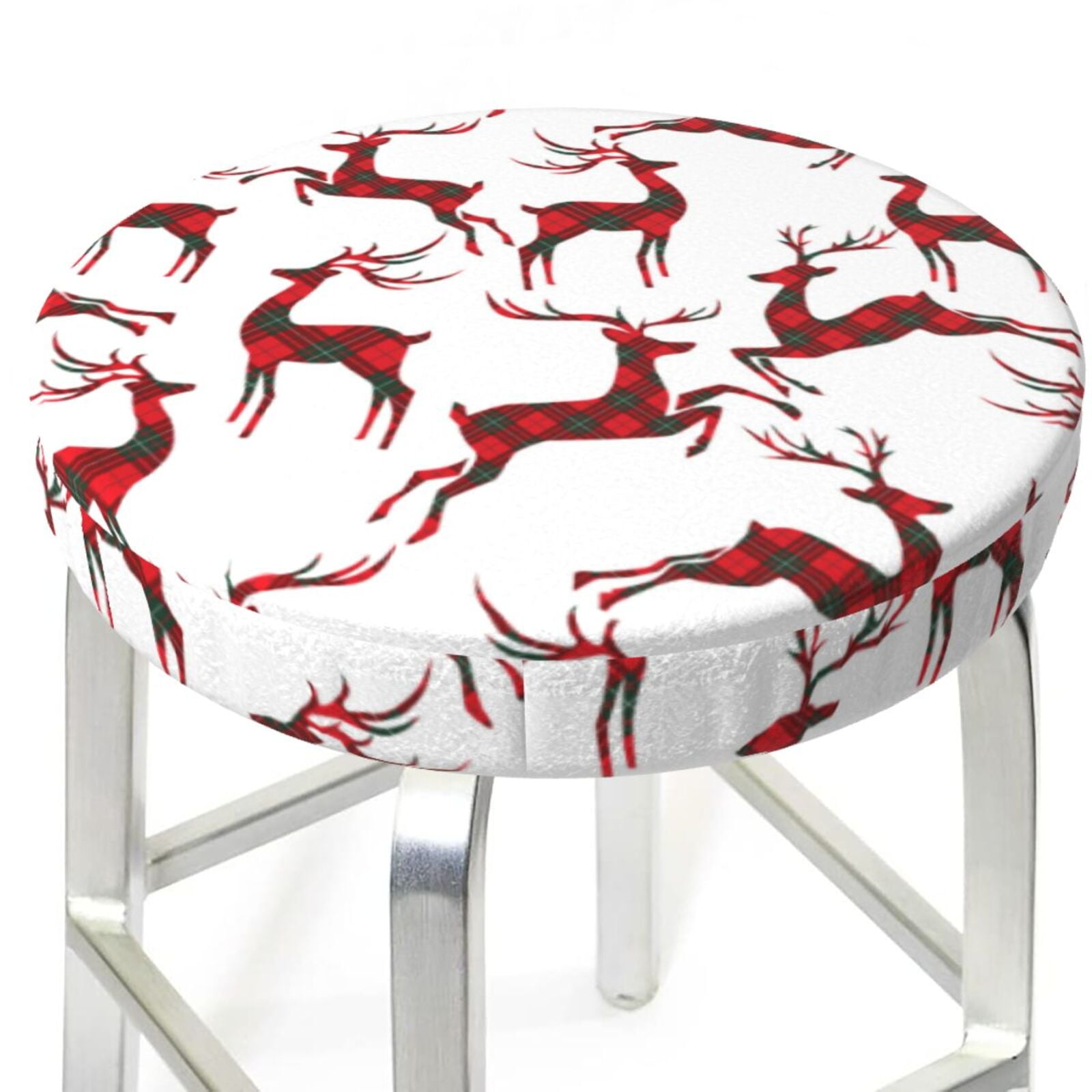 Plaid Pattern Deer Red Bar Stool Covers - Stretch Round Seat Covers ...