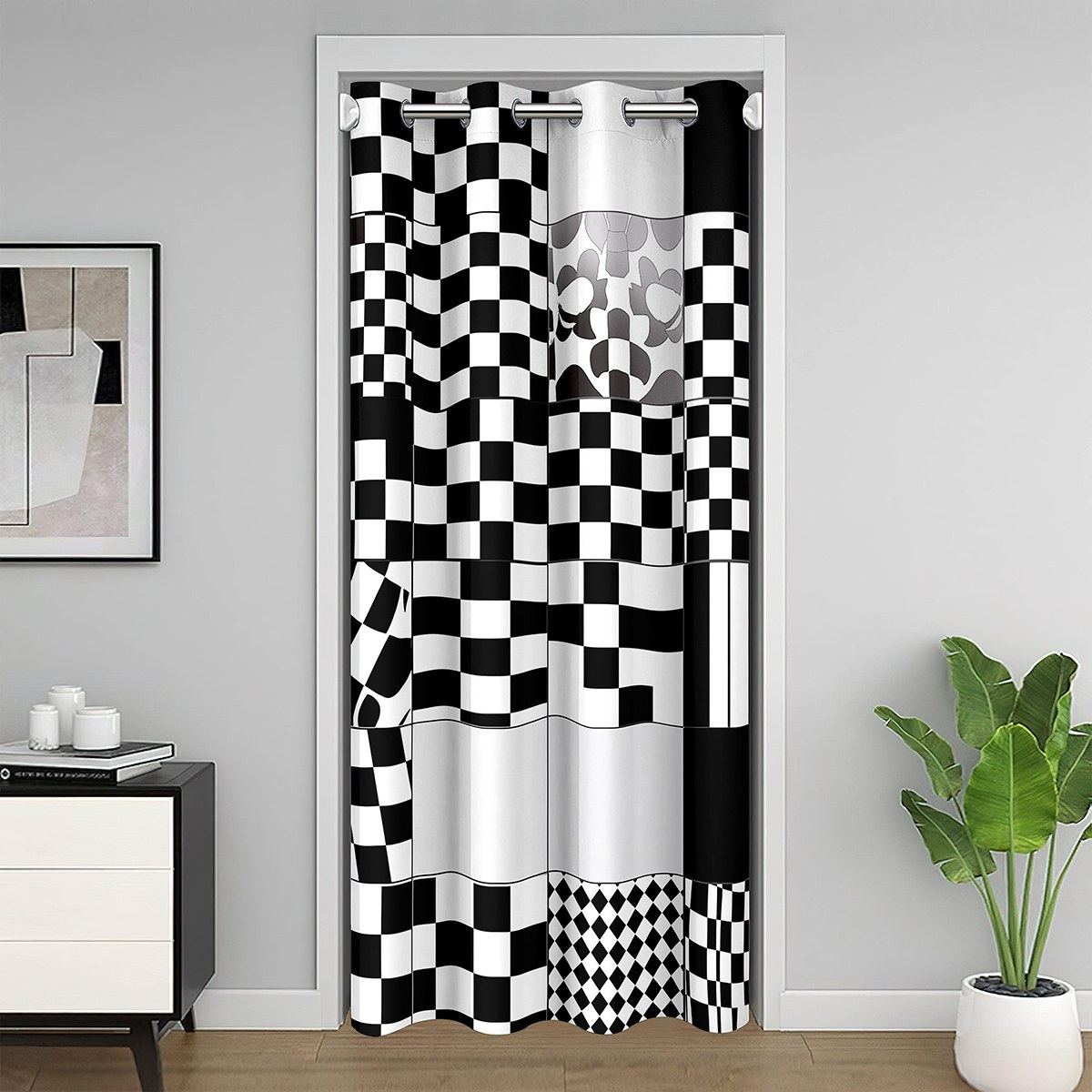 Plaid Pattern Door Curtain For Doorway Privacy White Black Grid Door ...