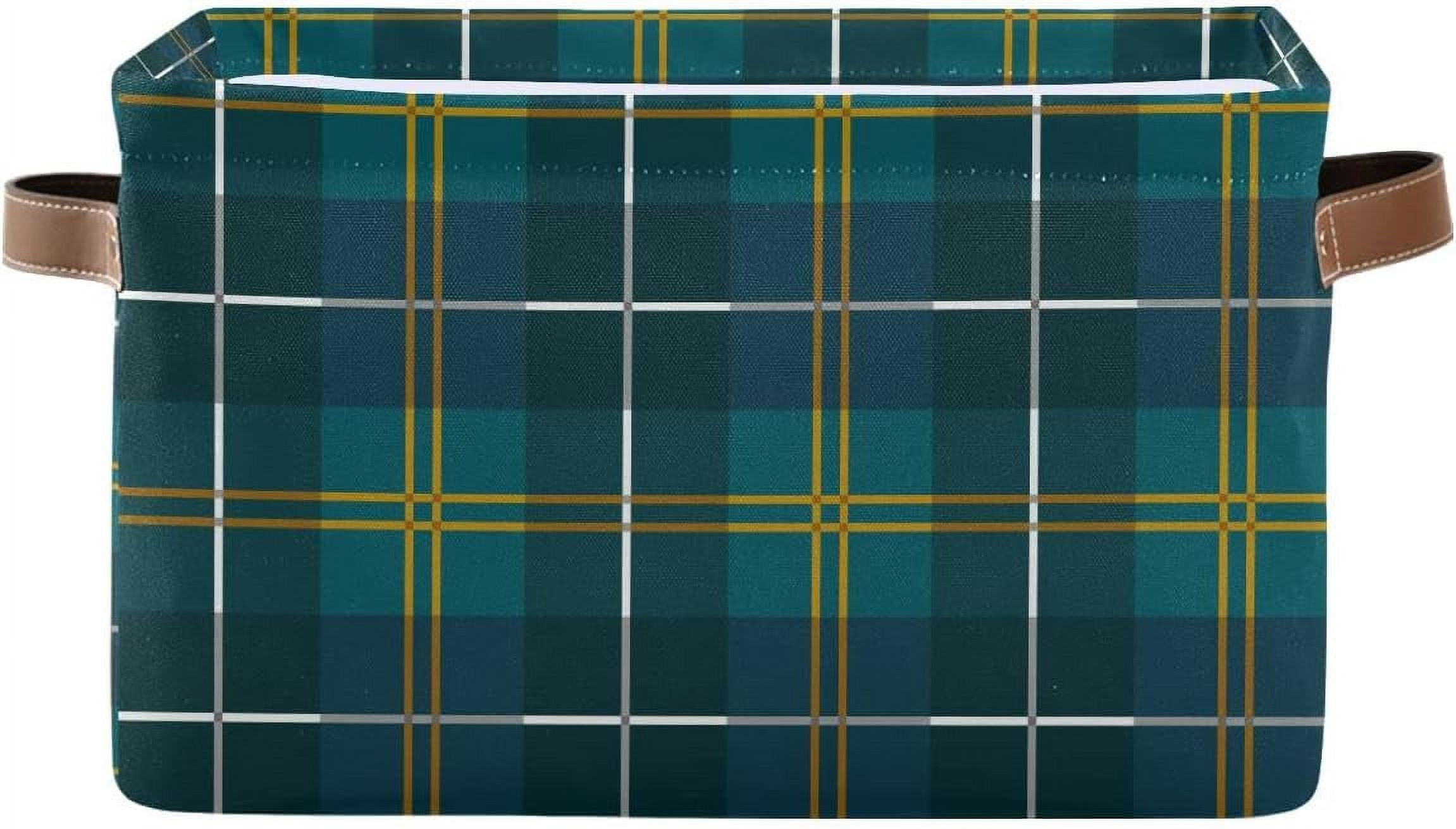 Plaid Pattern with Green White and Gold Color Square Storage Basket ...