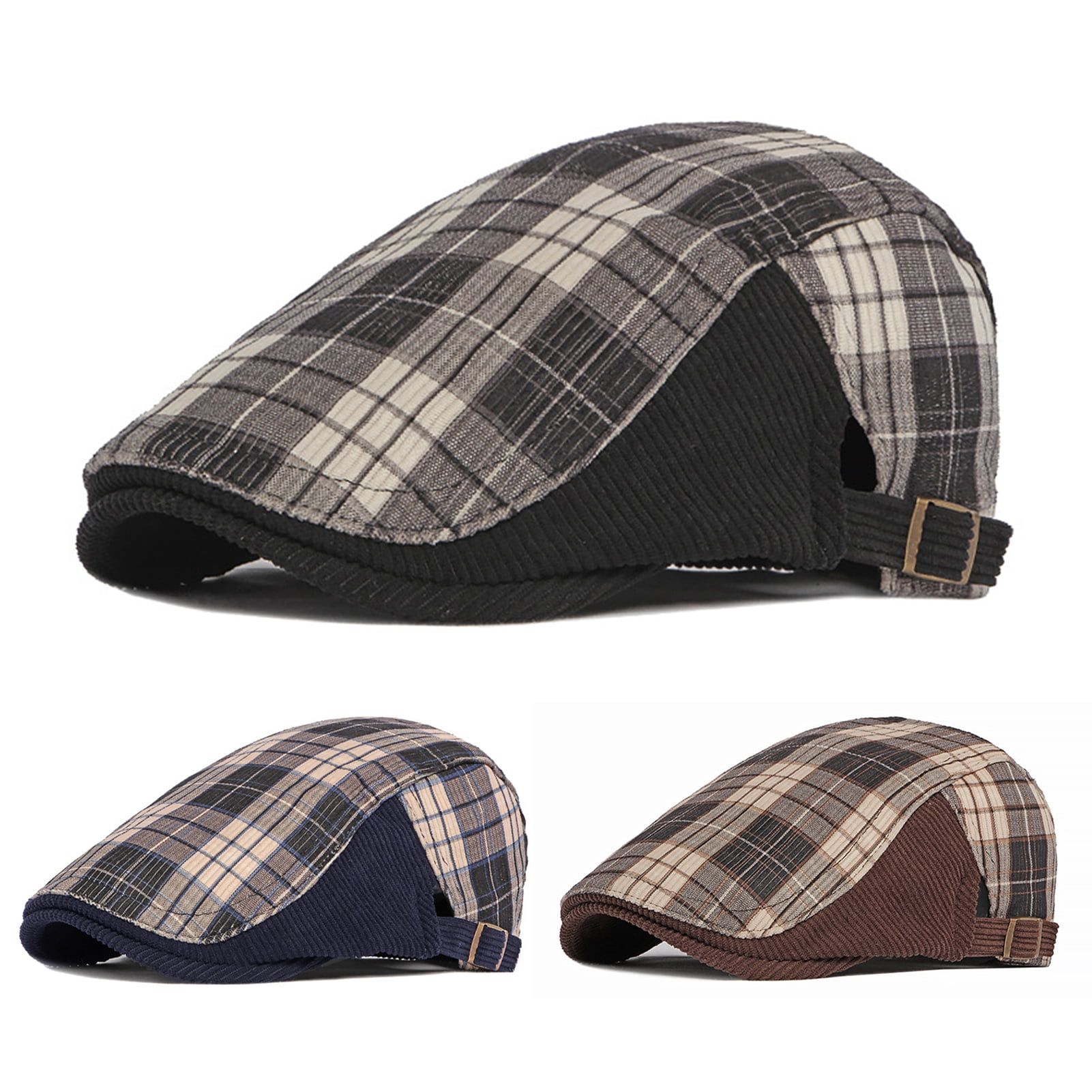 Plaid Print Patchwork Color Adjustable Buckle Beret Hat Flat Peaked ...