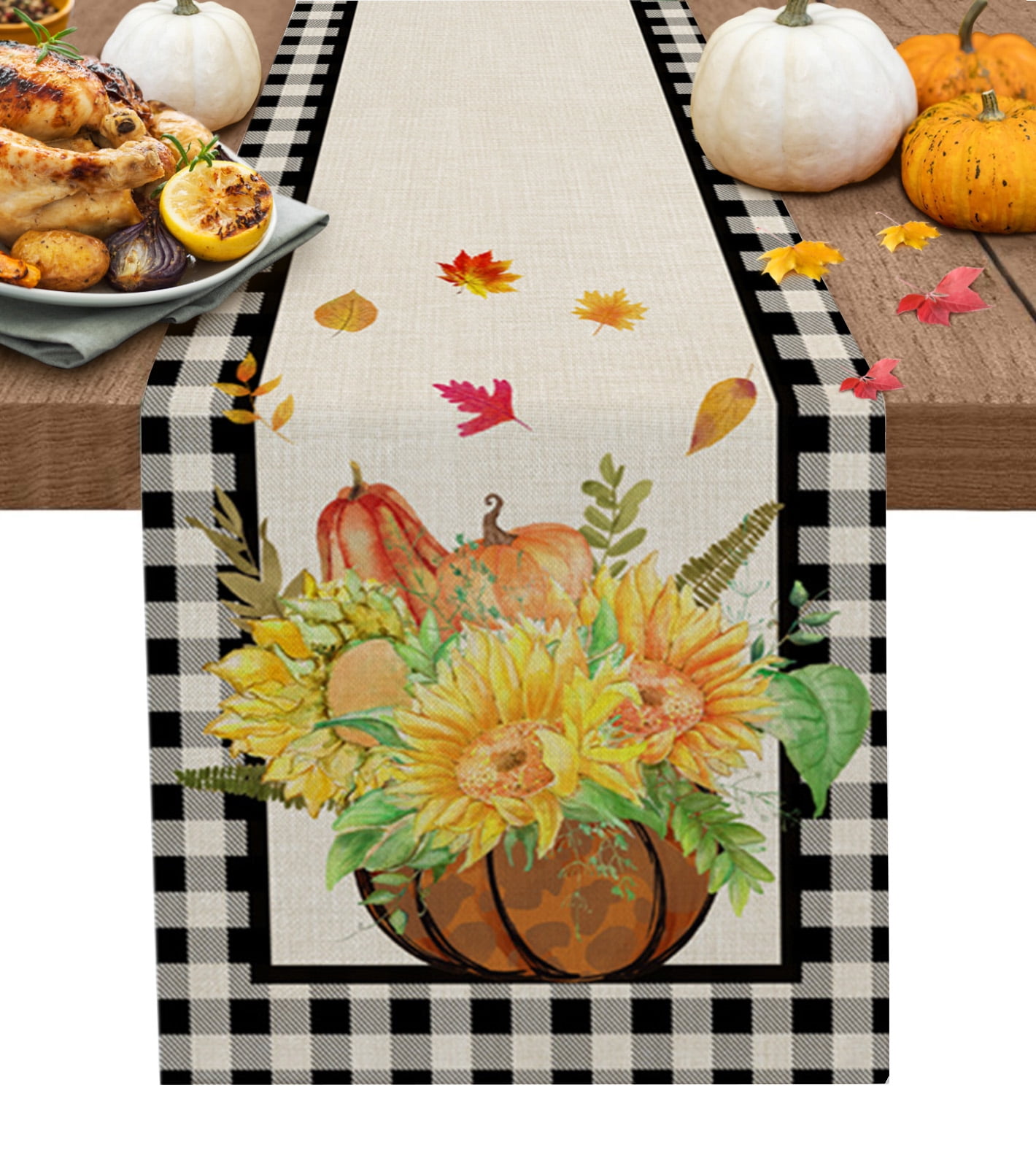 Plaid Pumpkin Sunflower, Table Runner 72 Inches, Fall Autumn Leaves ...