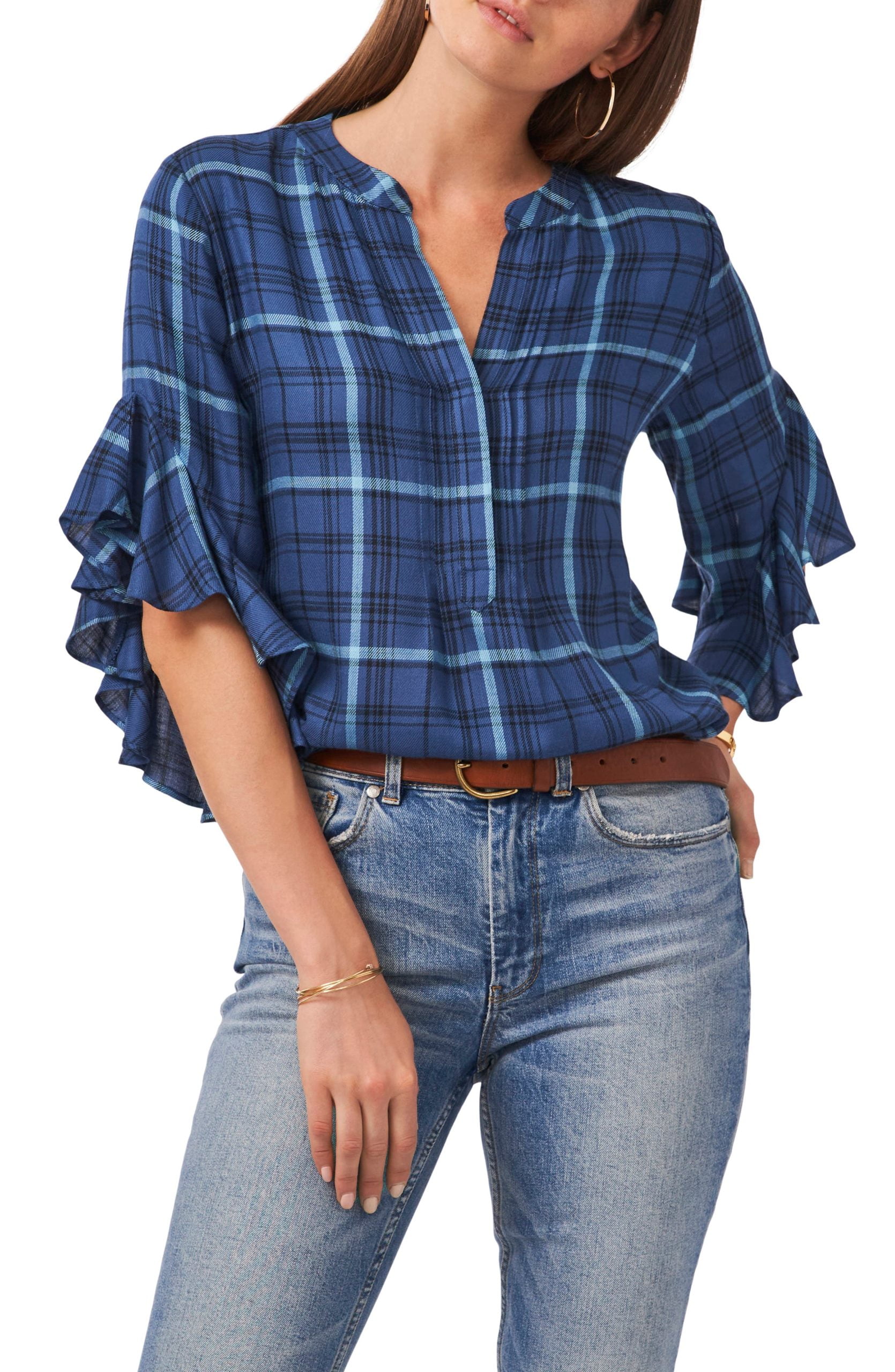 Vince Camuto Women's Plaid Ruffle Sleeve Top Blue Size X-Small ...