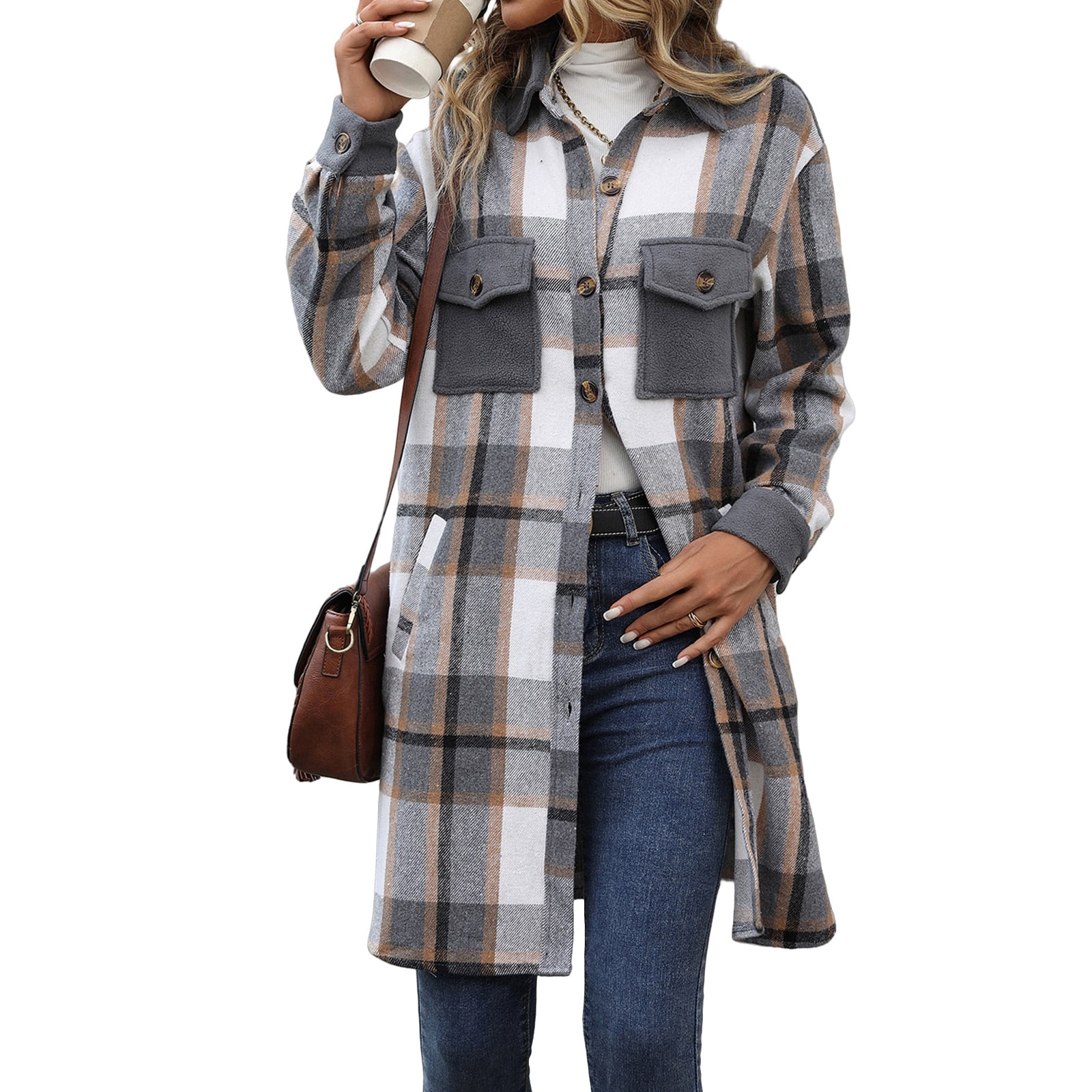 Plaid Shacket Jacket Women Button Down Long Flannel Jacket Fall Fashion ...