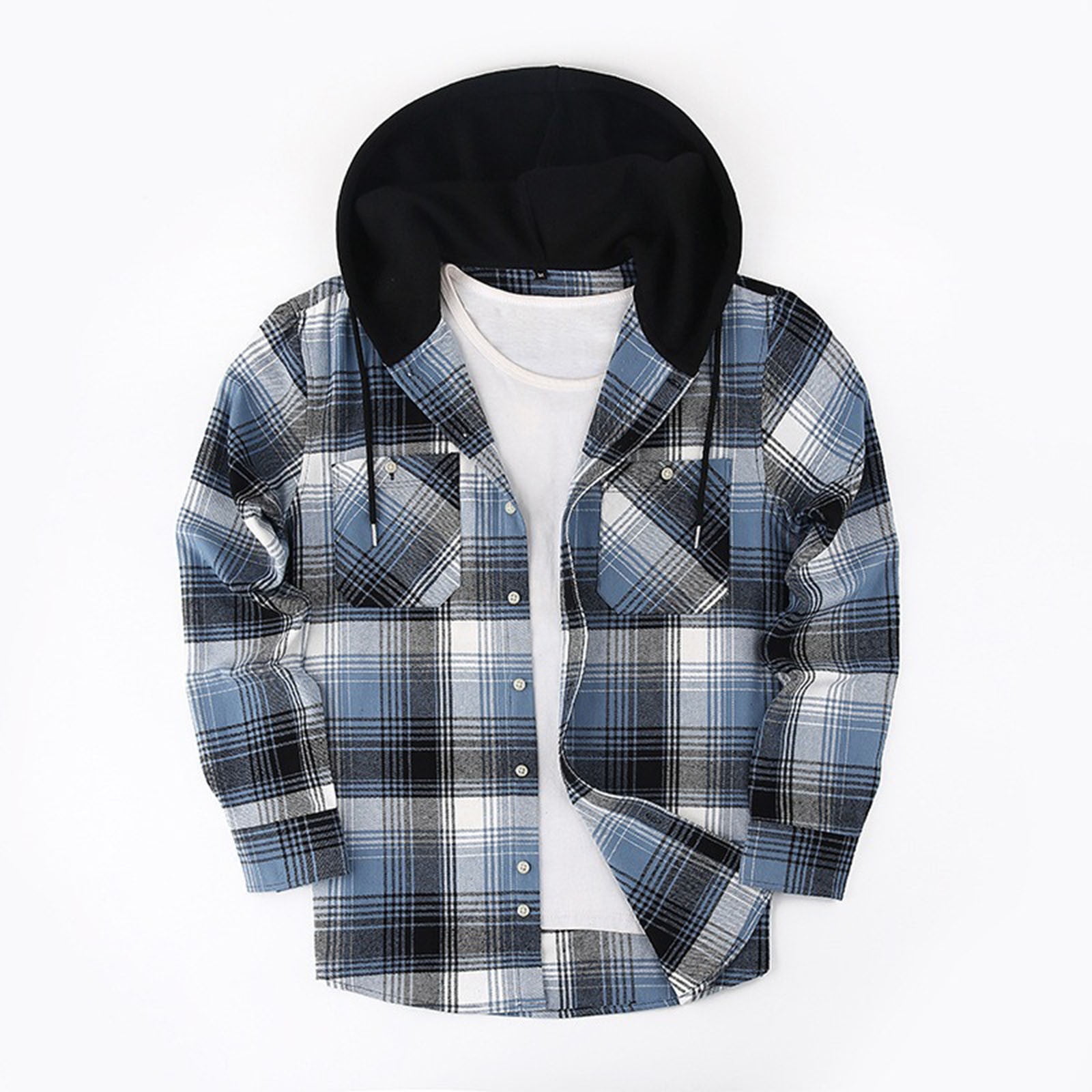 Plaid Shackets Jackets for Men with Pockets and Hood Button-Down Shirts ...