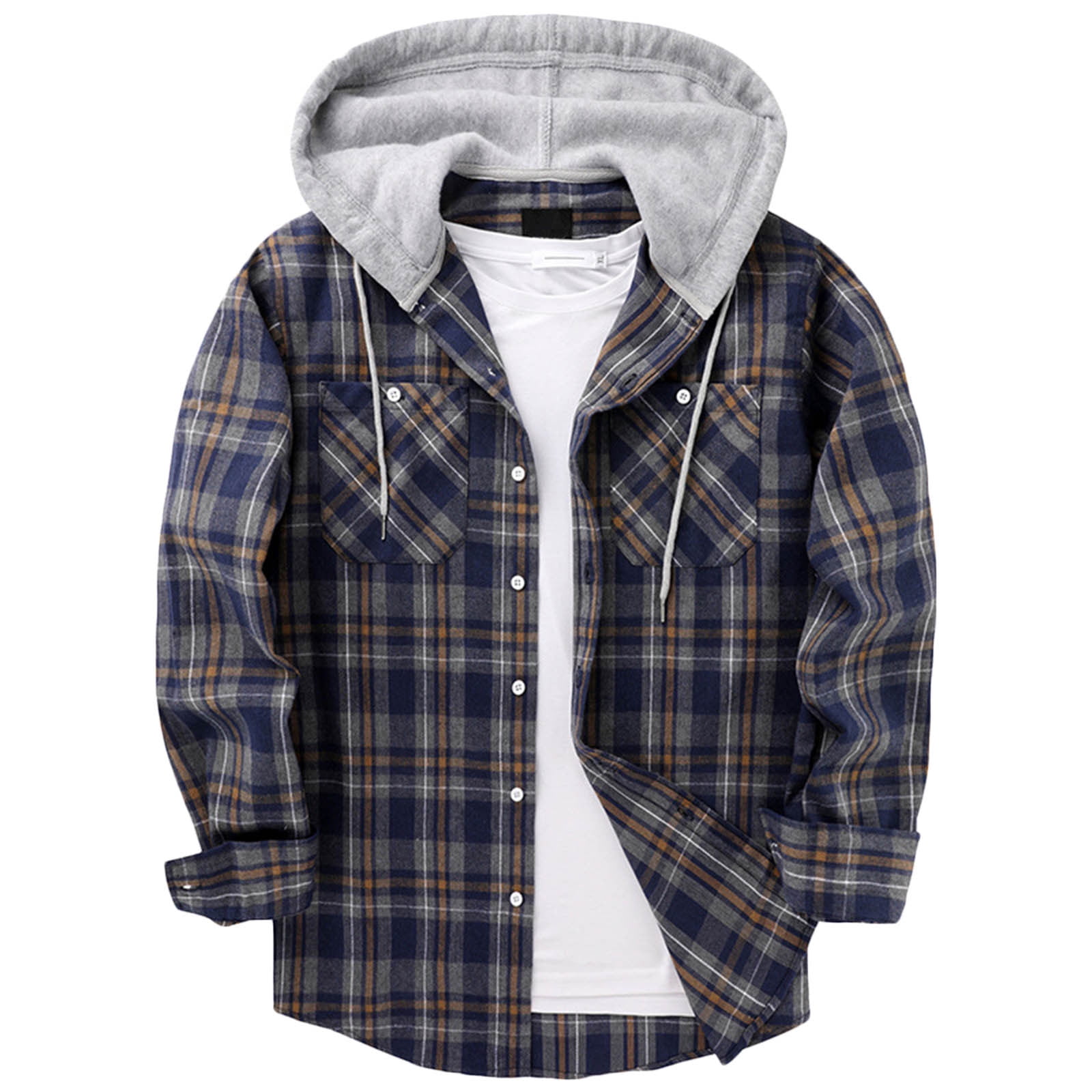 Plaid Shirt Hoodie for Men,Men's Plaid Hoodie Flannel Shirt Jacket Long ...