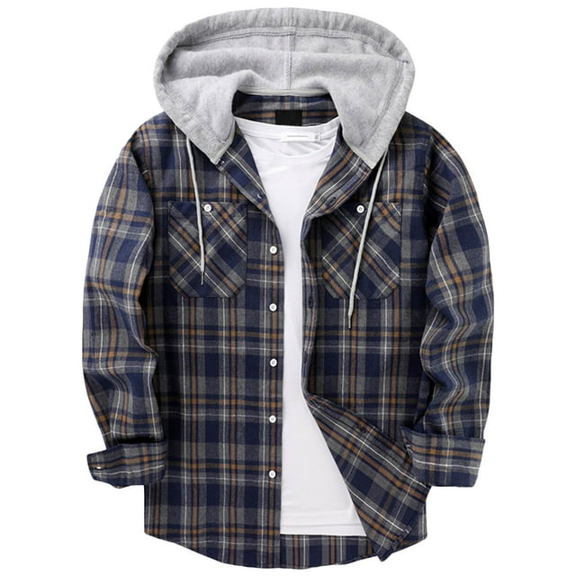 Plaid Shirt Hoodie for Men,Men's Plaid Hoodie Flannel Shirt Jacket Long ...