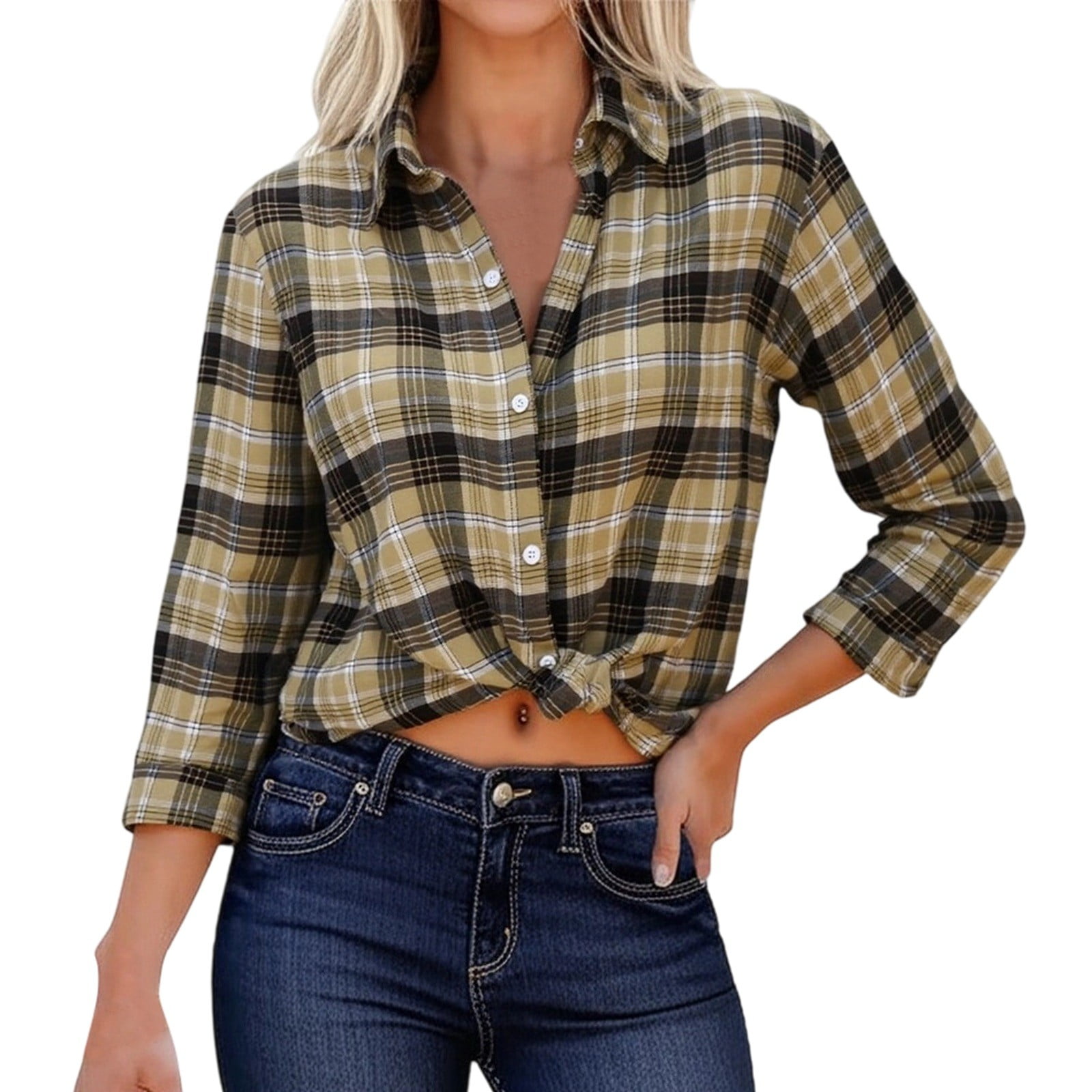 Plaid Shirts for Women Button Down Lapel Collared Long Sleeve Regular ...