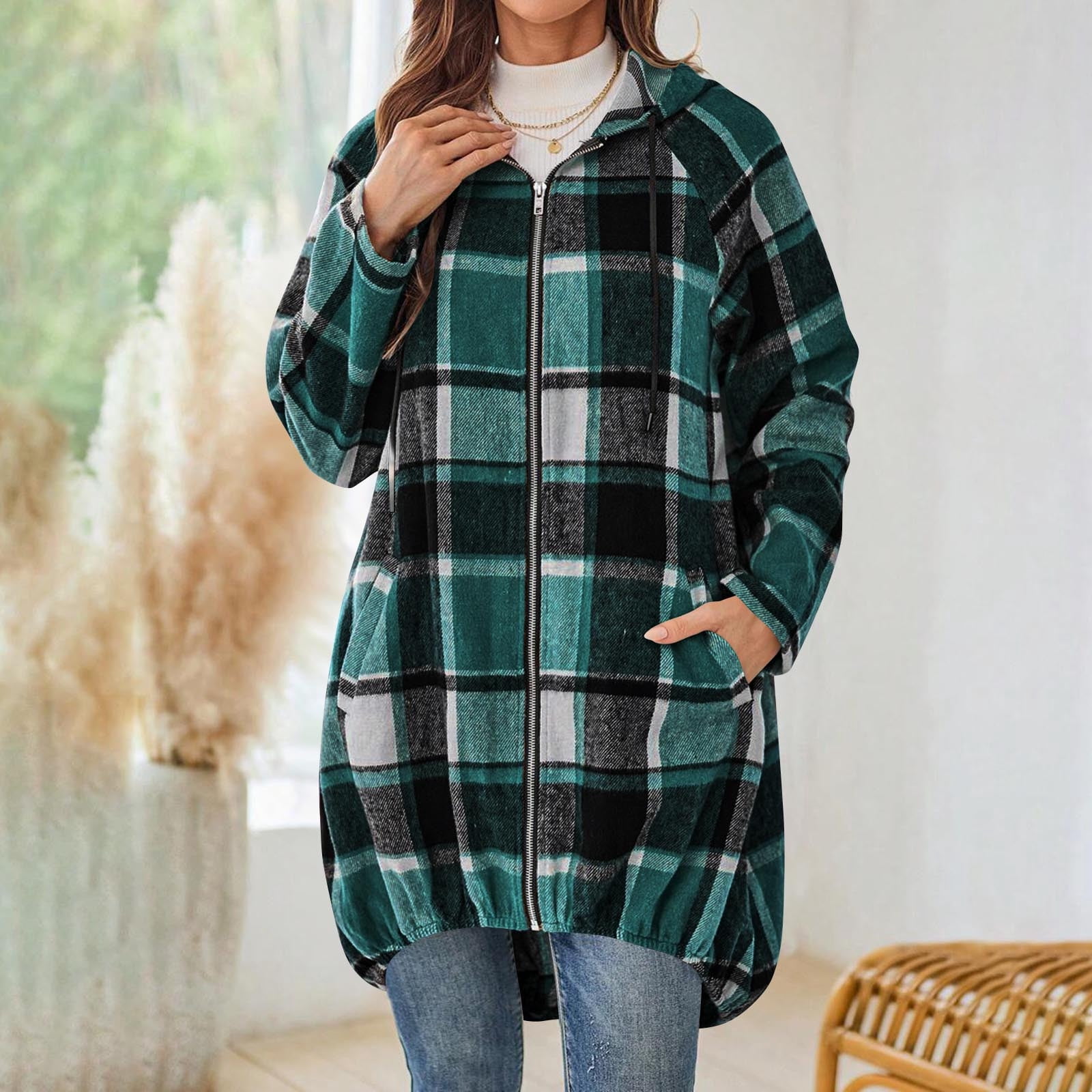 Plaid Shirts for Women Oversized Zip up Long Shacket Jacket Fall ...