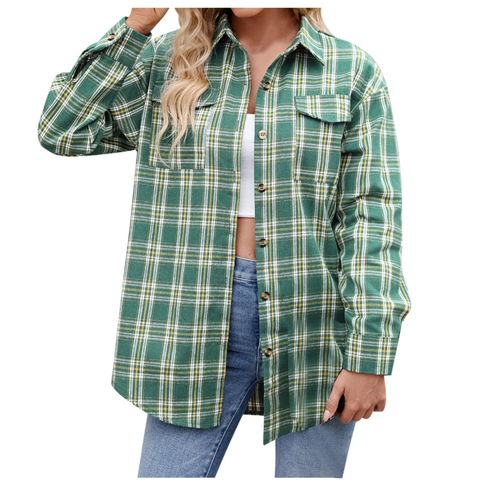 Plaid Shirts for Women Trendy Color Patchwork Button Down Lapel Collar ...