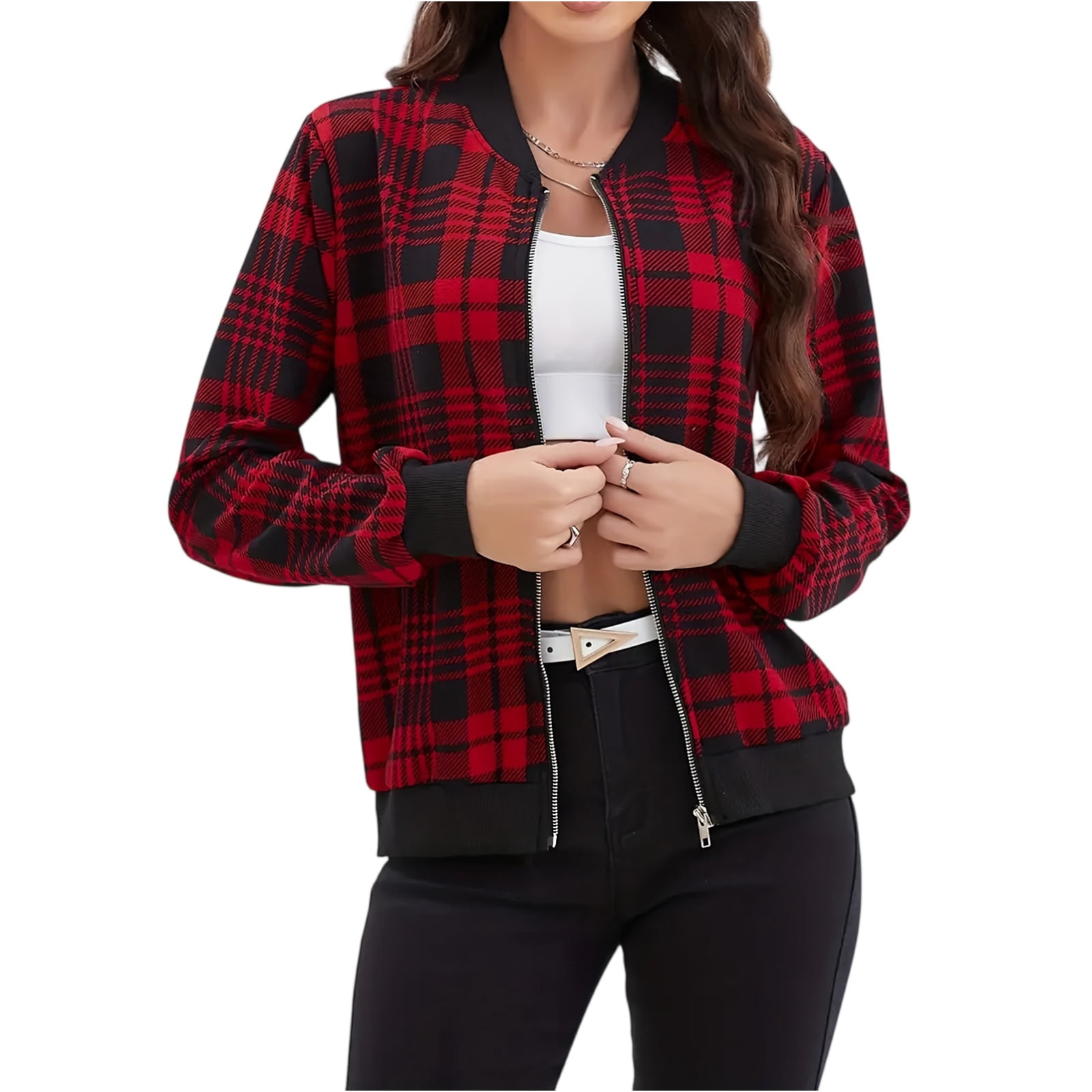 Plaid Shirts for Women Zip Up Shackets Jackets Casual Long Sleeve ...