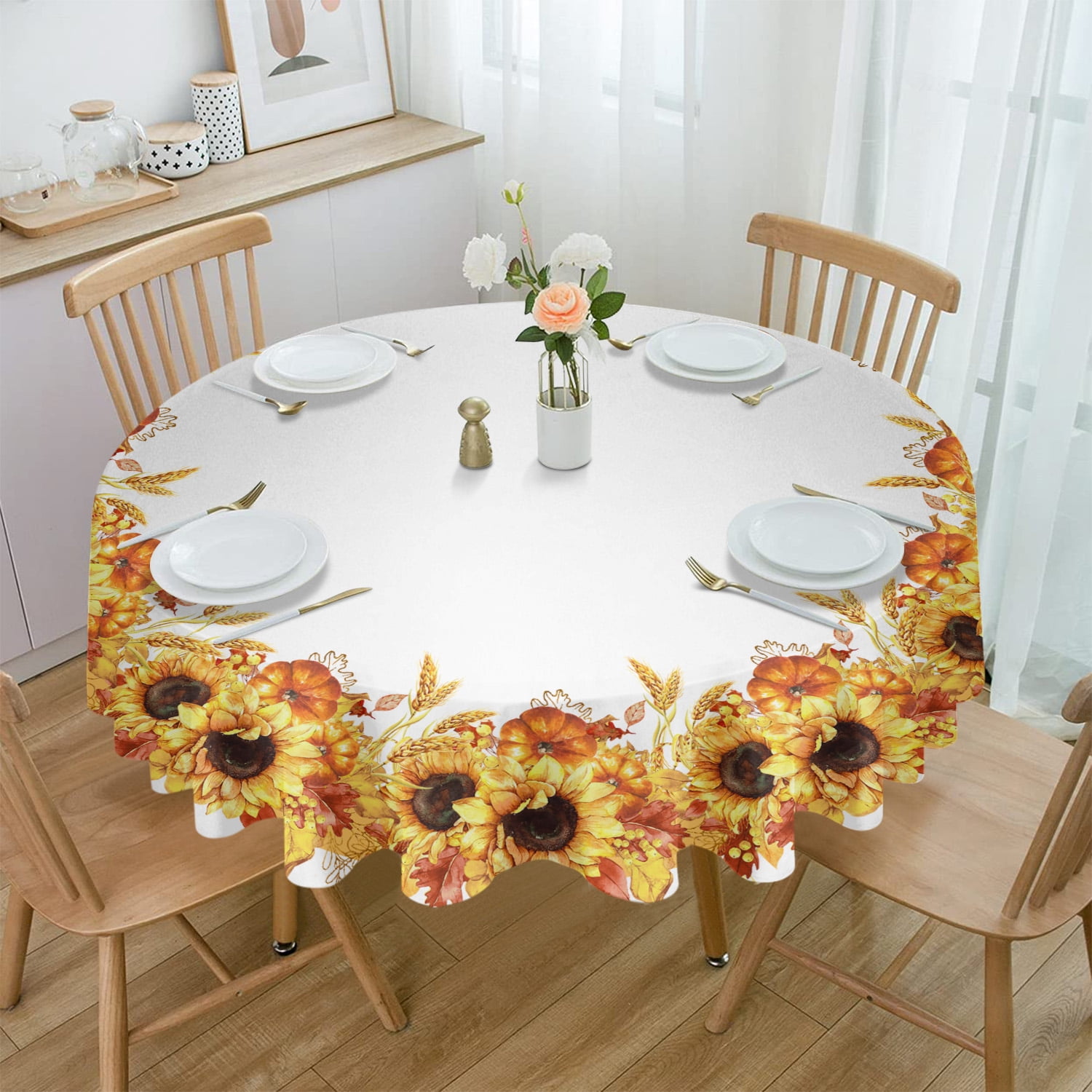 Plaid Sunflower Tablecloths for Dining Table Waterproof Round Table ...